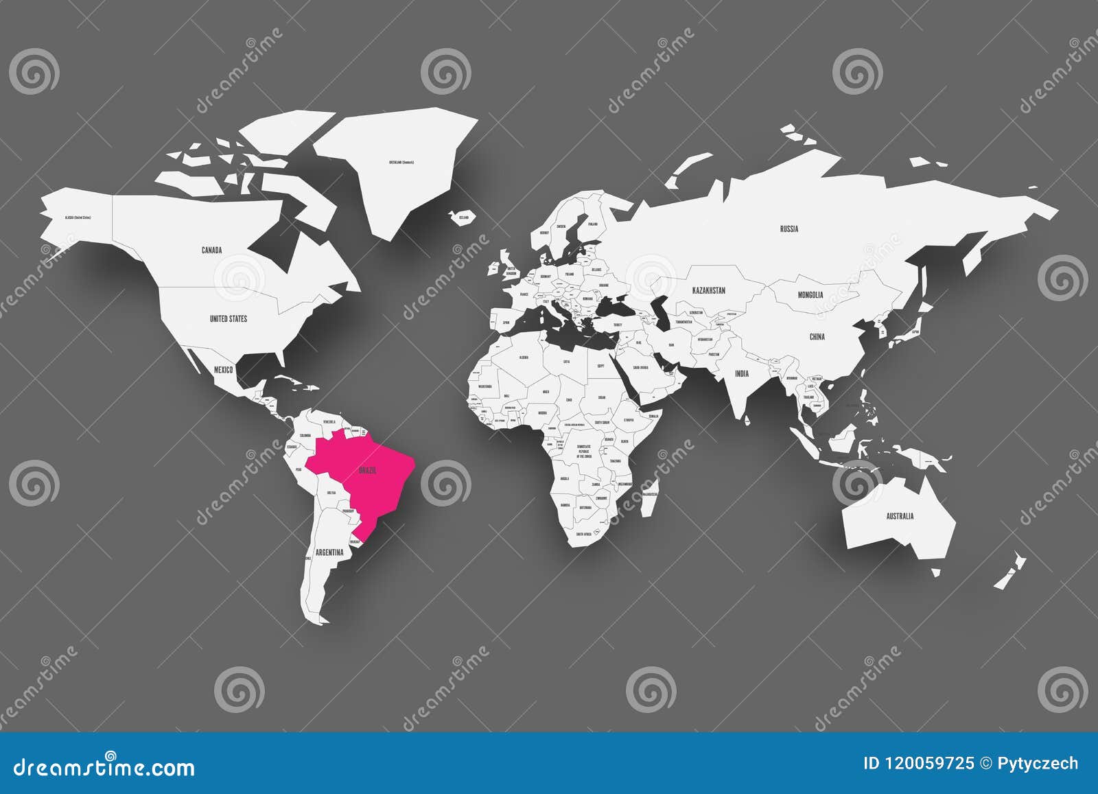 Brazil Pink Highlighted in Map of World. Light Grey Simplified Map with ... Brazil Pink Highlighted in Map of World. Light Grey Simplified Map with ...