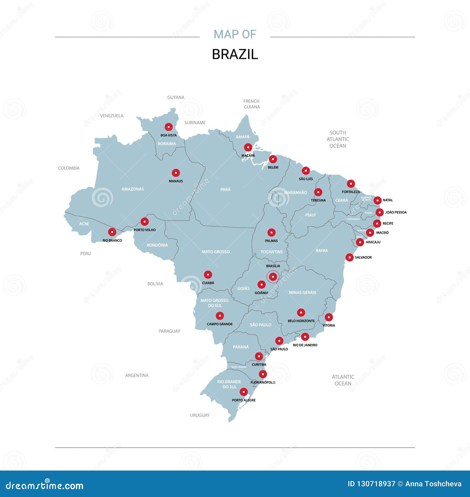 Brazil Map Vector with Red Pin. Stock Vector - Illustration of nation ...