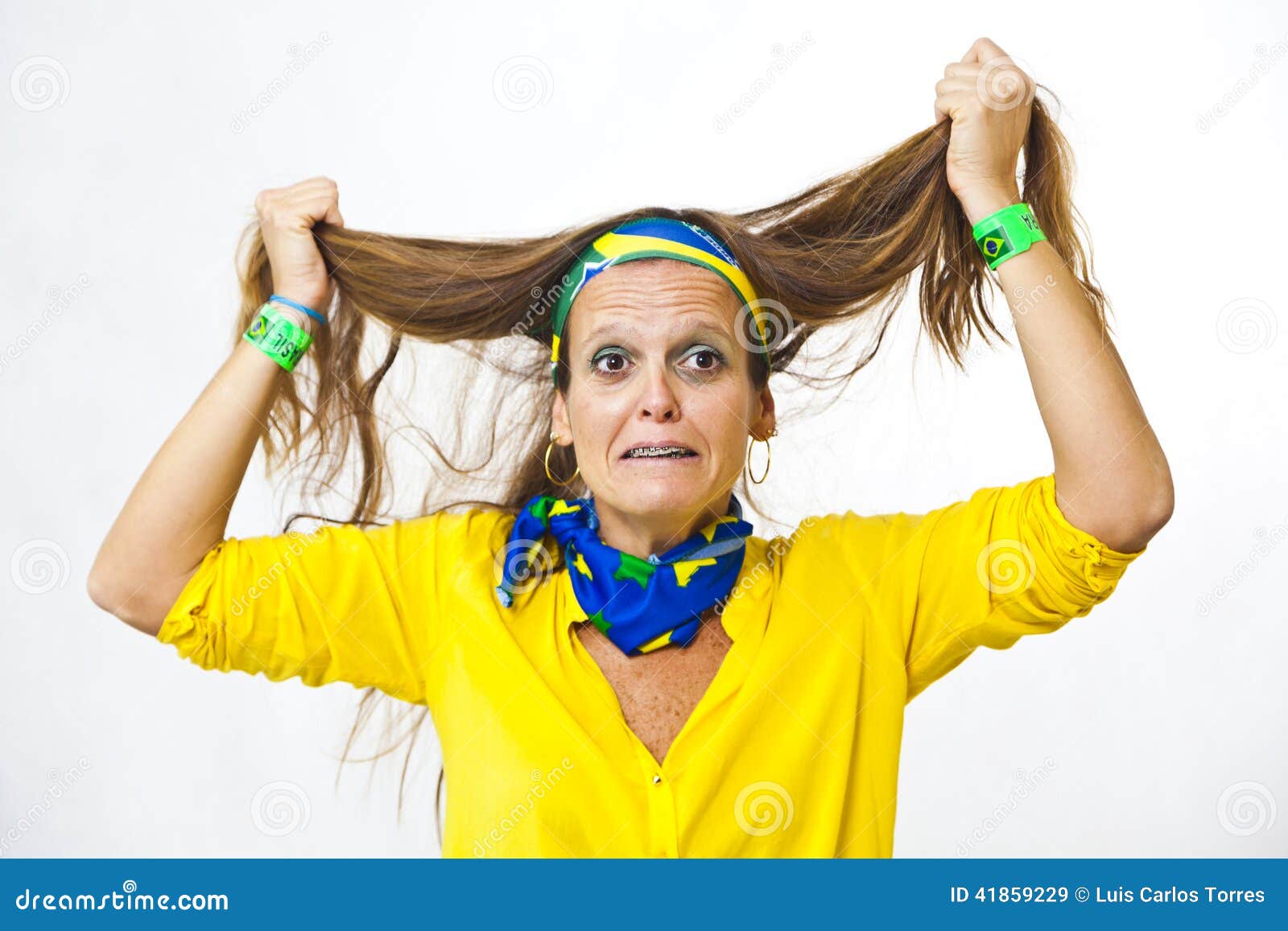 Brazilian Fan Desperate Pulling Hair Stock Image - Image of green ...