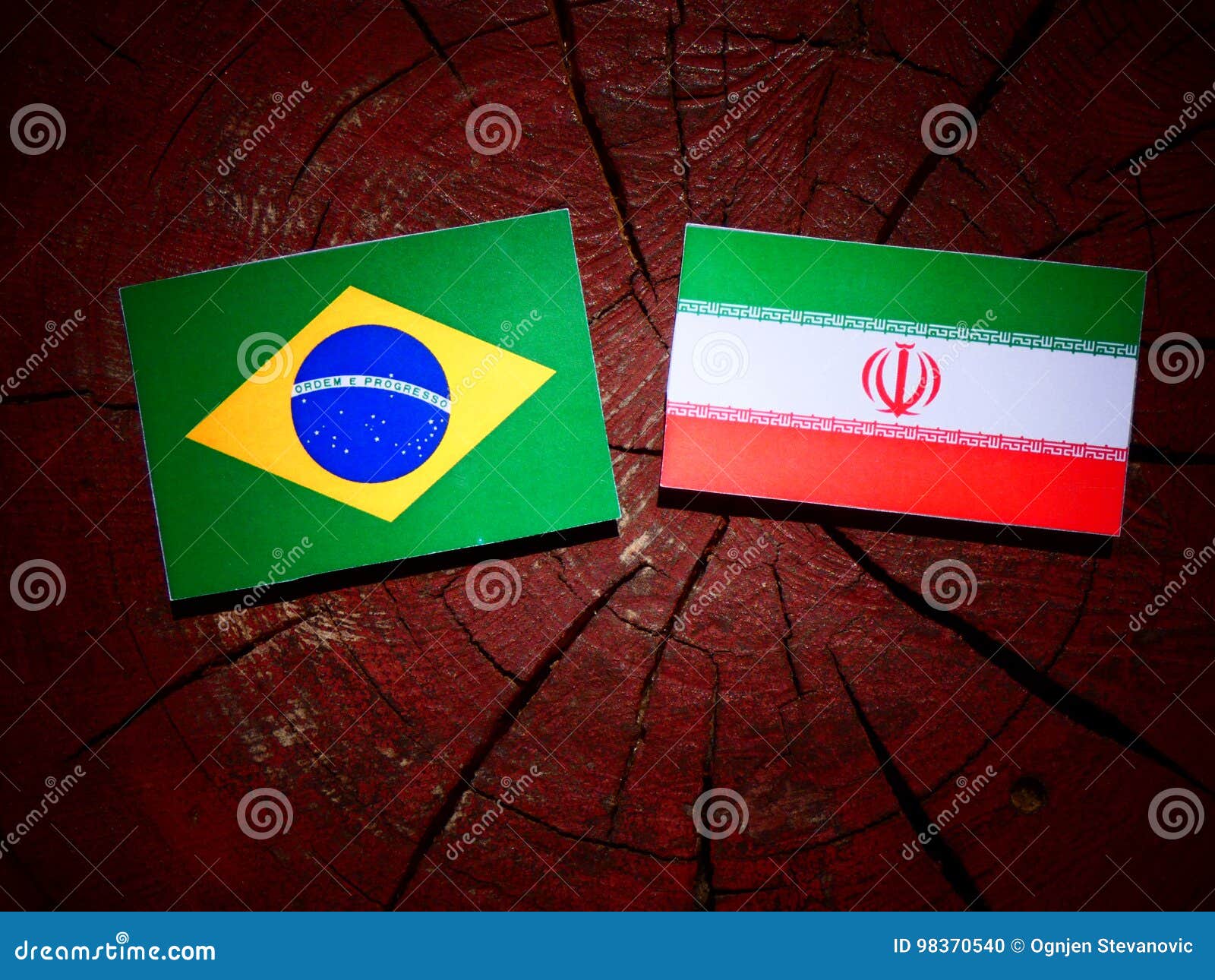 Brazilian Flag with Iranian Flag on a Tree Stump Isolated Stock Photo ...