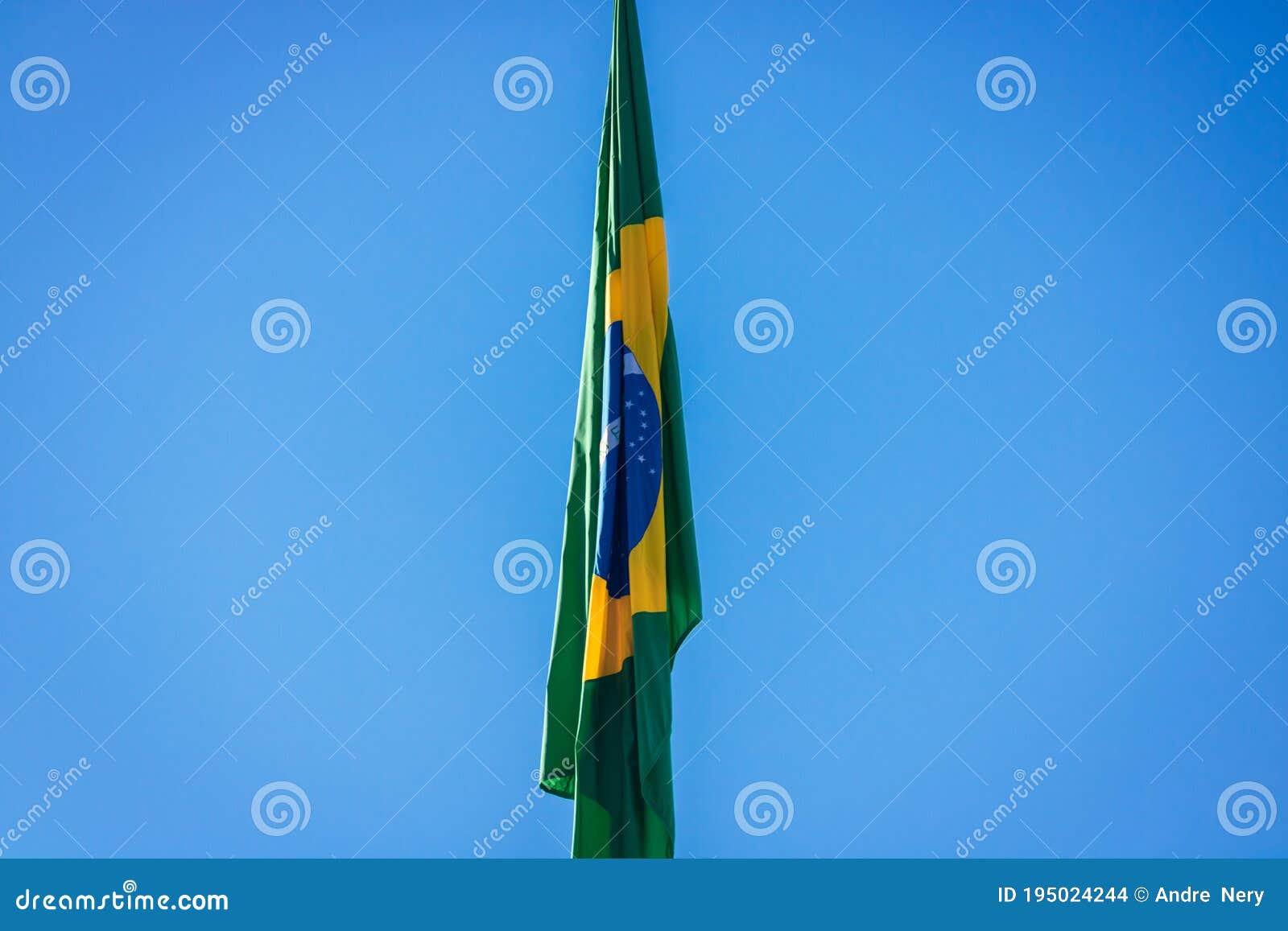 Brazilian Flag on Pole without Wind in Front of Blue Sky Stock Photo ...