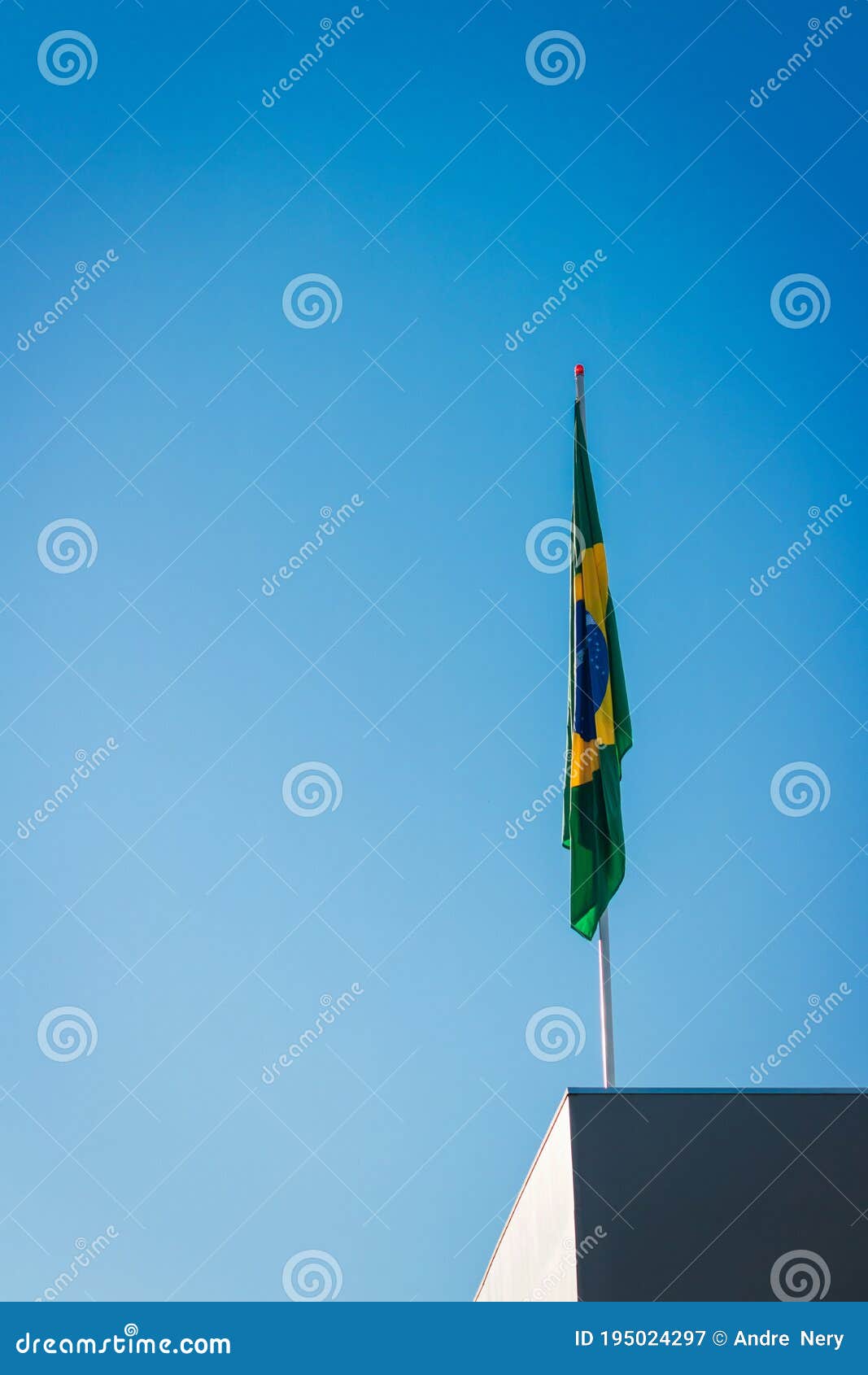 Brazilian Flag on Pole without Wind in Front of Blue Sky Stock Image ...