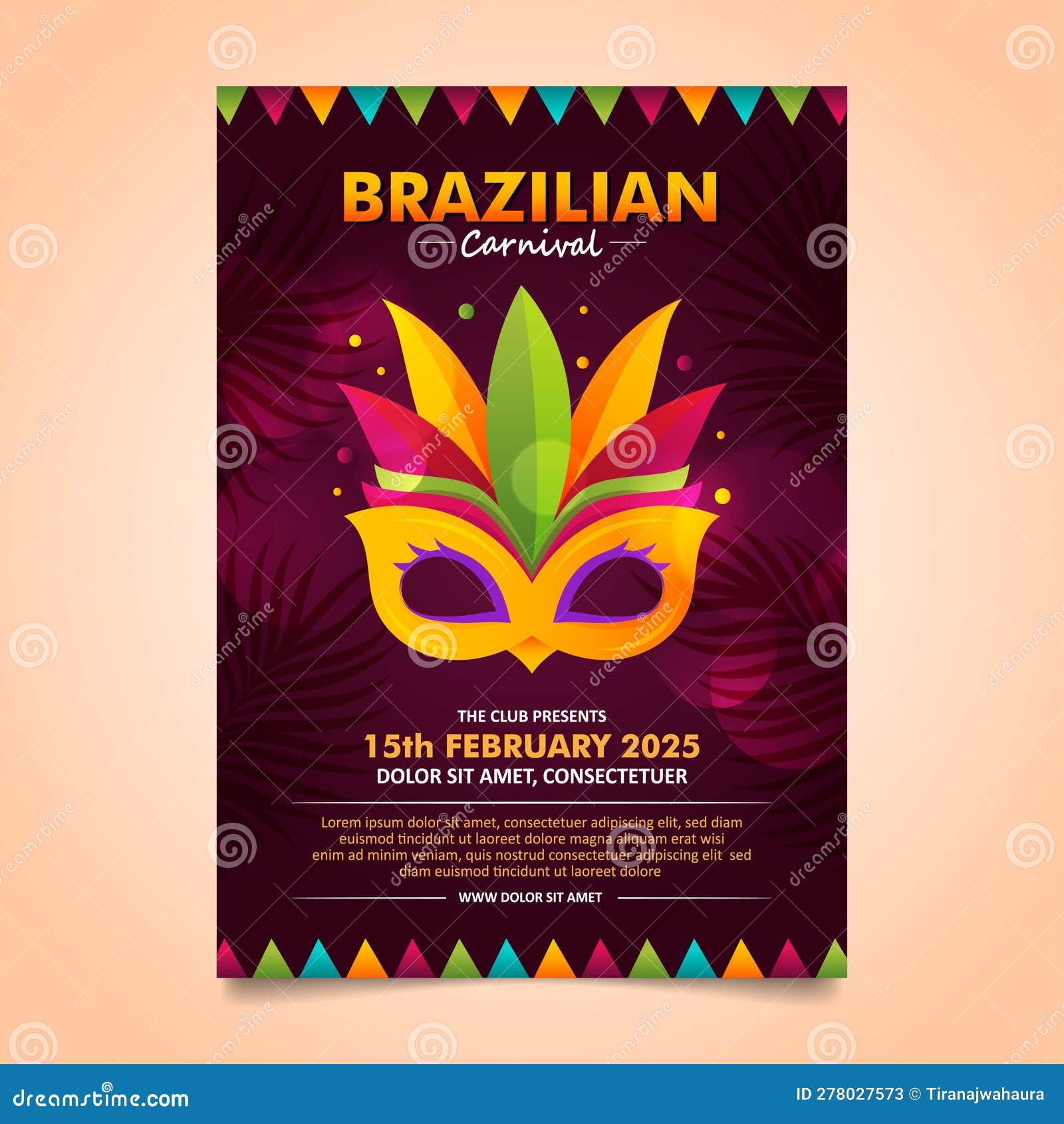 Dark Red Brazilian Carnival Flyer with Colorful Mask and Decorative ...