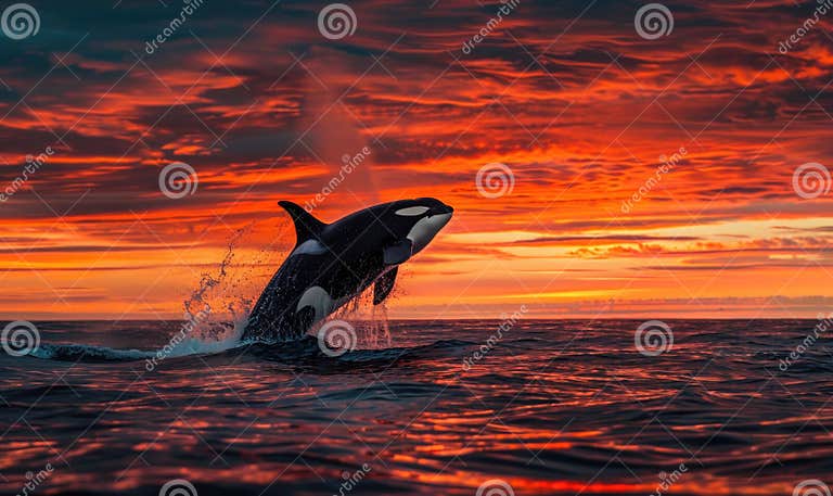 A Breaching Orca Whale Captured in Mid-air Against a Vibrant Sunset Sky ... A Breaching Orca Whale Captured in Mid-air Against a Vibrant Sunset Sky ...