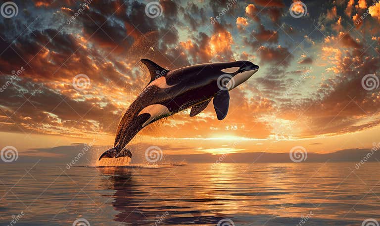 A Breaching Orca Whale Captured in Mid-air Against a Vibrant Sunset Sky ... A Breaching Orca Whale Captured in Mid-air Against a Vibrant Sunset Sky ...