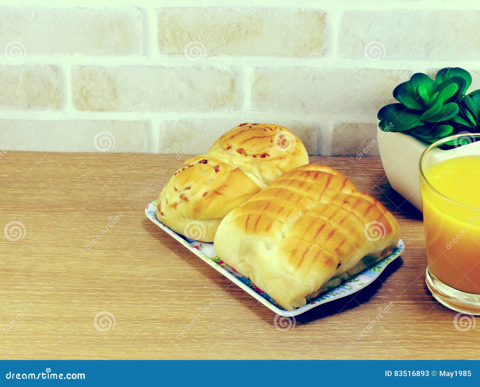 Bread with Bacon Ham Pork Mayonnaise and Fruit Juice Stock Image ...