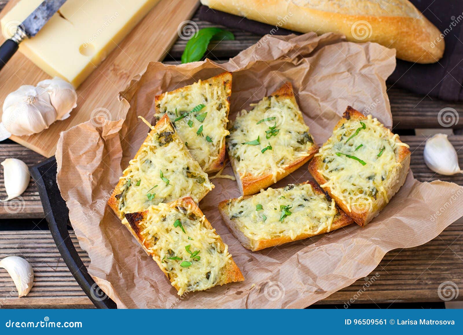 Bread Baguette Baked with Grated Cheese and Garlic Stock Image - Image ...
