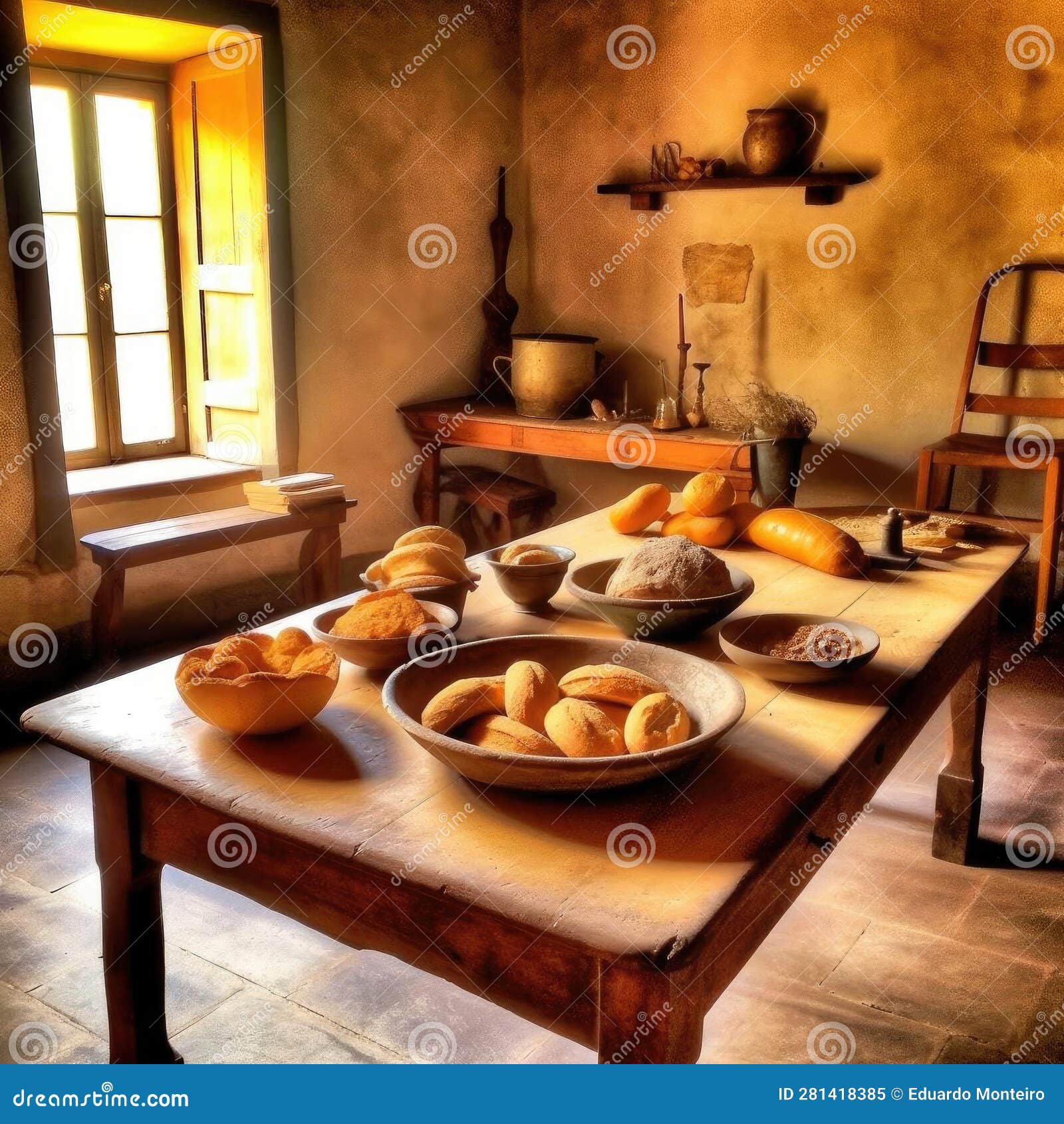 Bread and Bakery on a Table in an Old House Stock Illustration ...