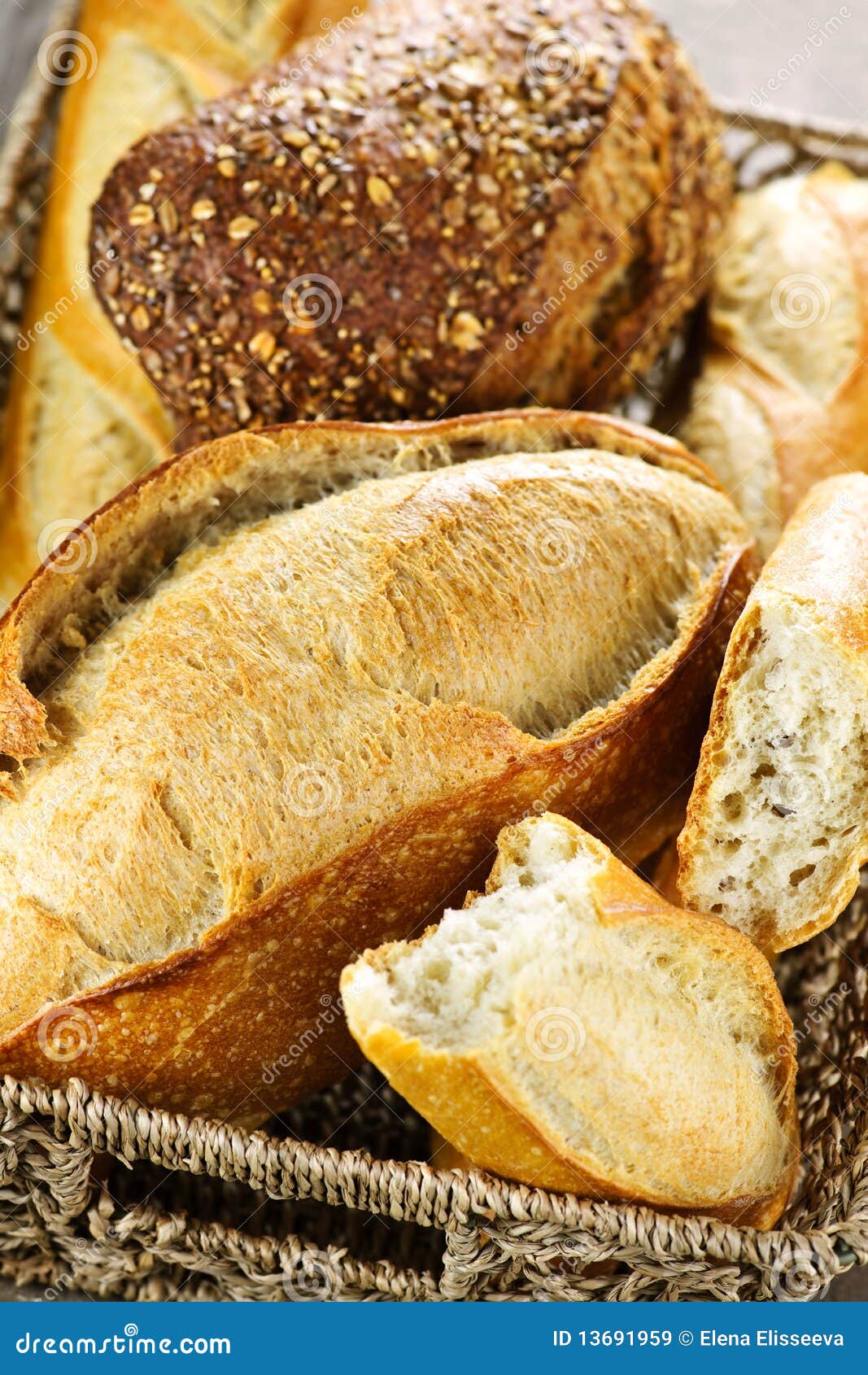 Bread in basket stock image. Image of baguette, loaf - 13691959