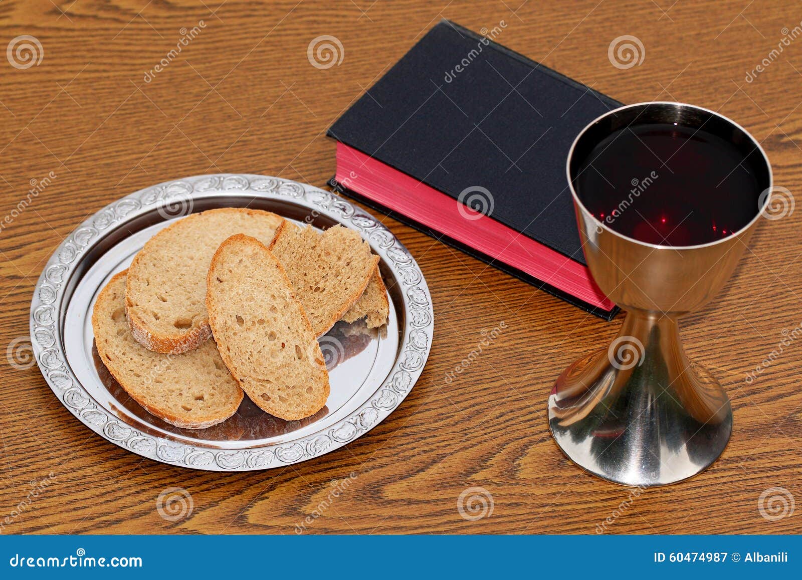 Bread, Bible and Chalice on Wood Table Stock Image - Image of medieval ...