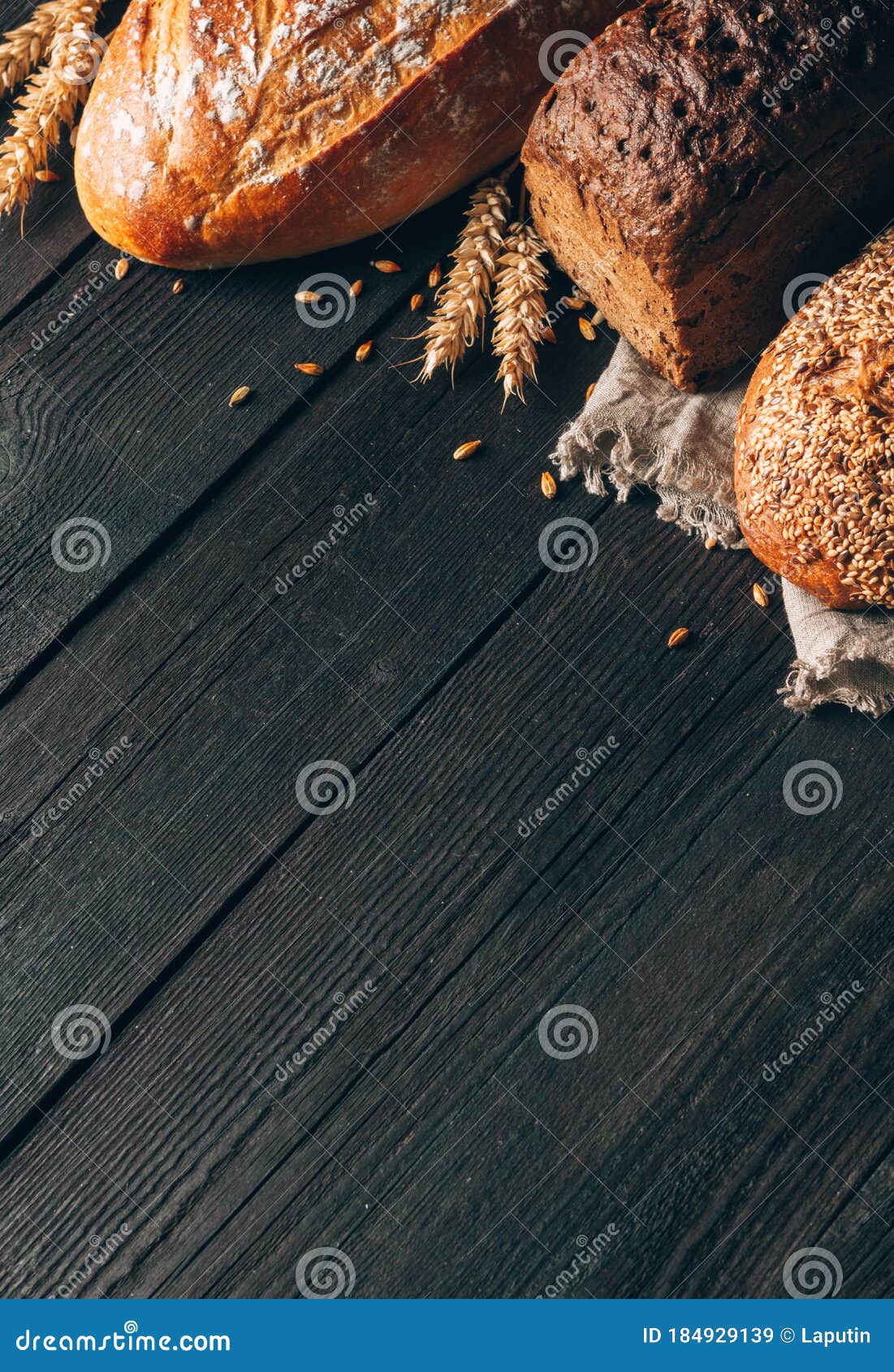 Bread Border On Black Wood Background With Copy Space. Different Types ...