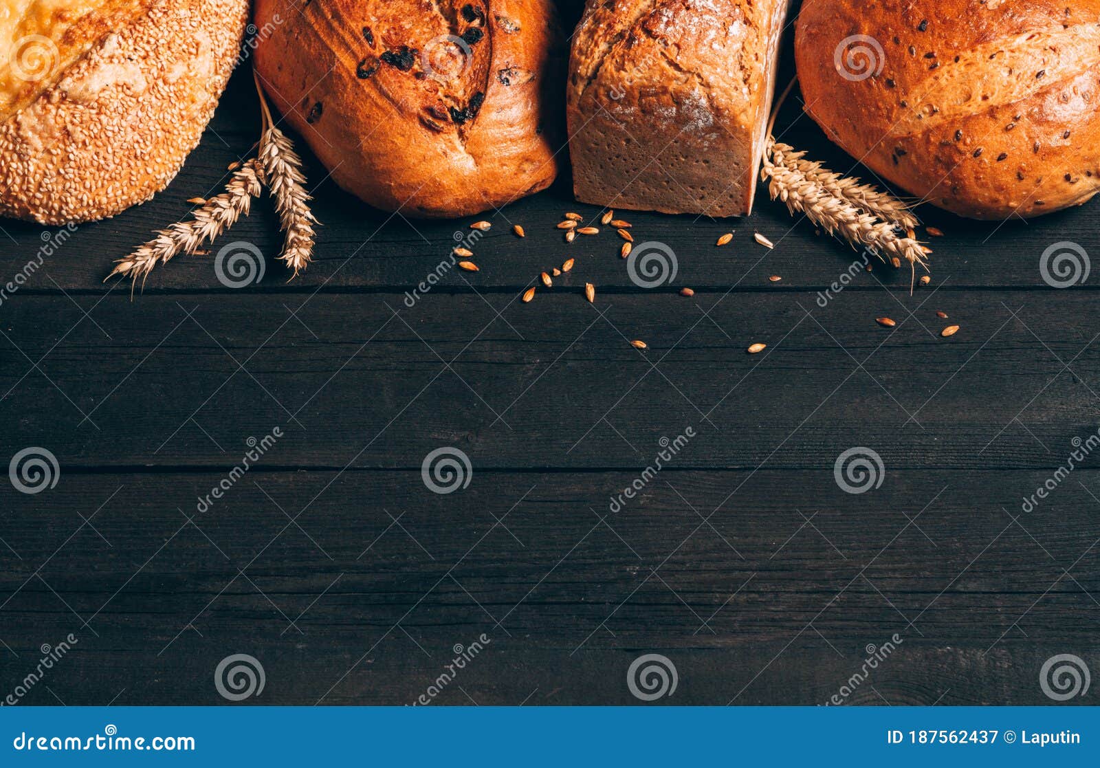 Bread Border on Dark Wood Background with Copy Space. Different Kinds ...