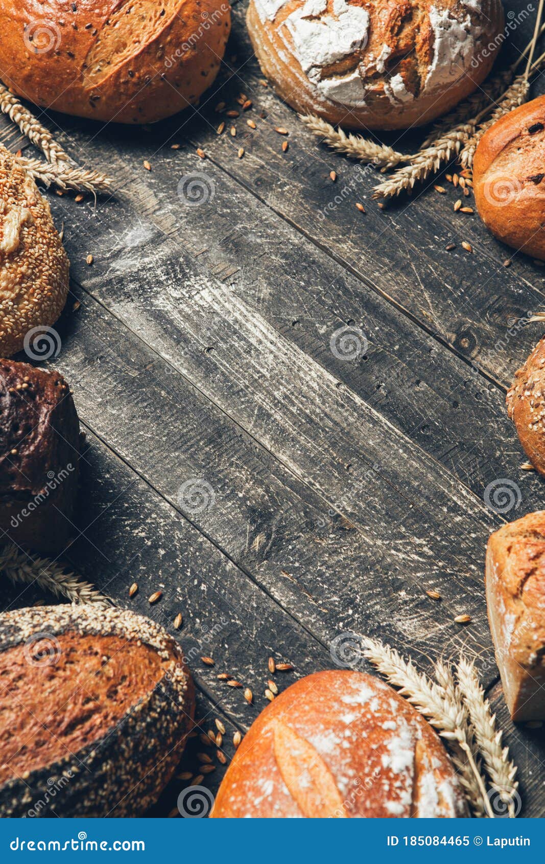 Bread Border On Wood Background With Copy Space. Whole Grain Loaves ...