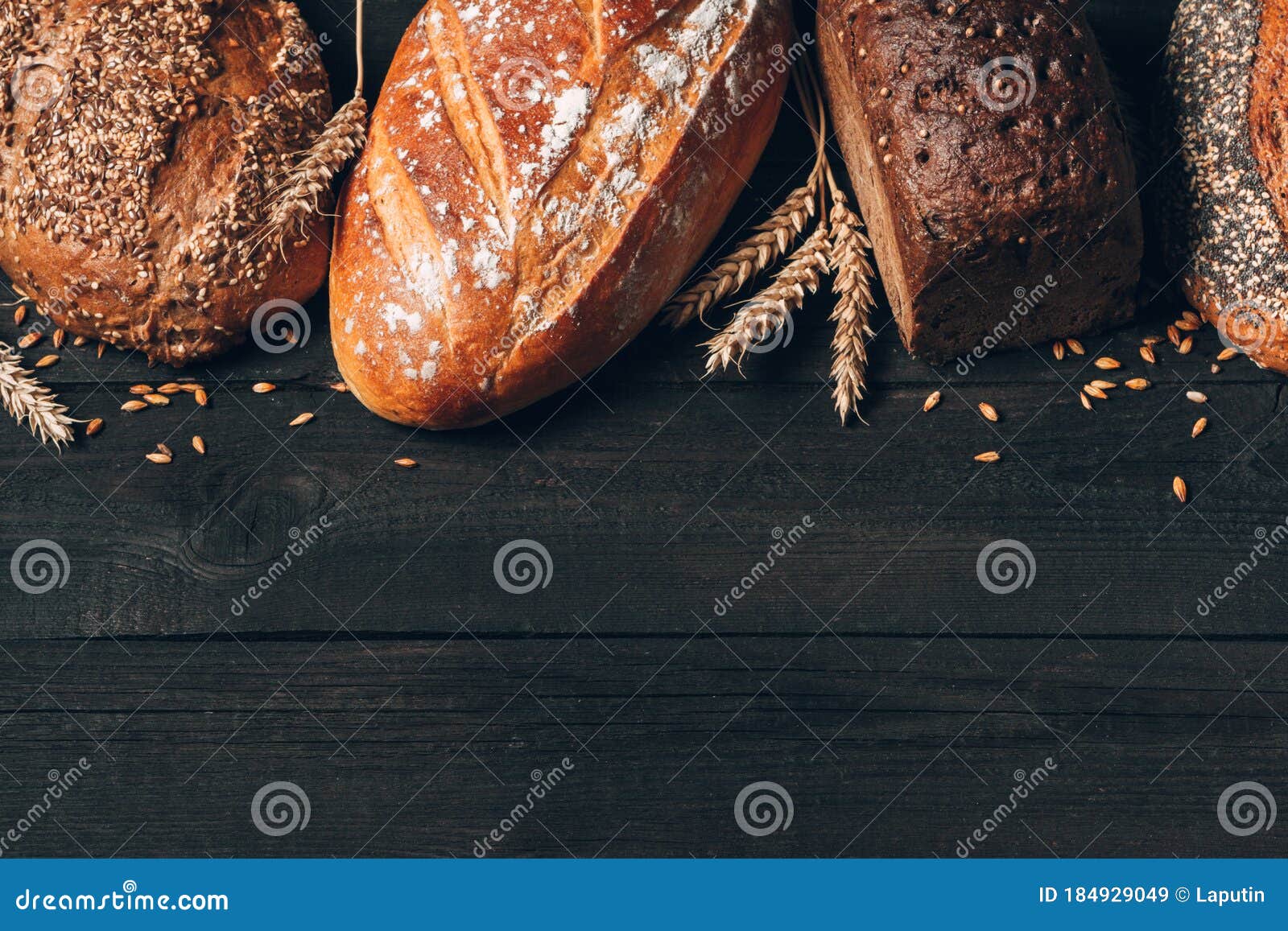 Bread Border On Wood Background With Copy Space. Different Types Of ...