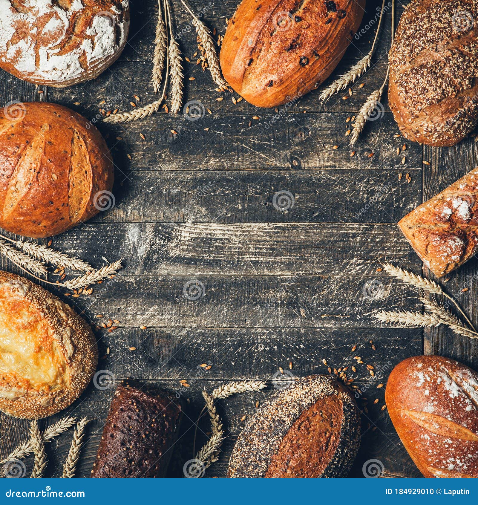 Bread Border on Wood Background with Copy Space. Square Composition of ...