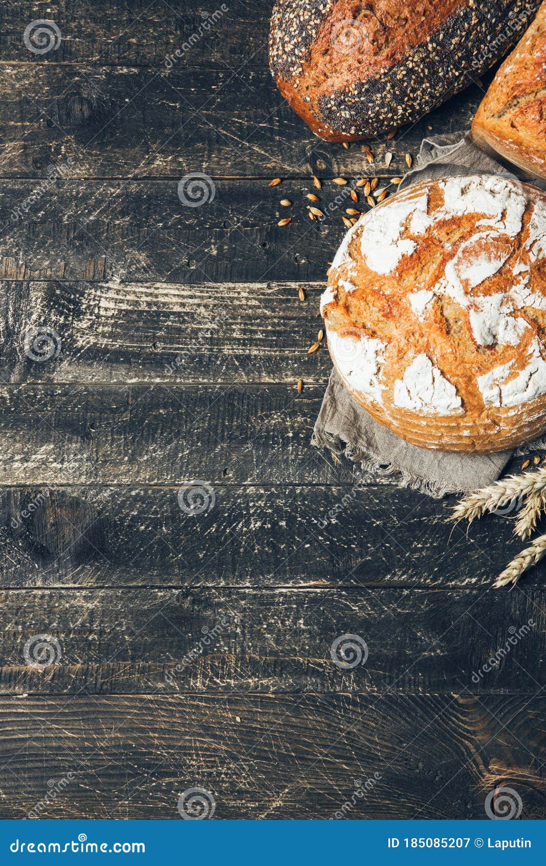 Bread Border on Wood Background with Copy Space. Different Kinds of ...
