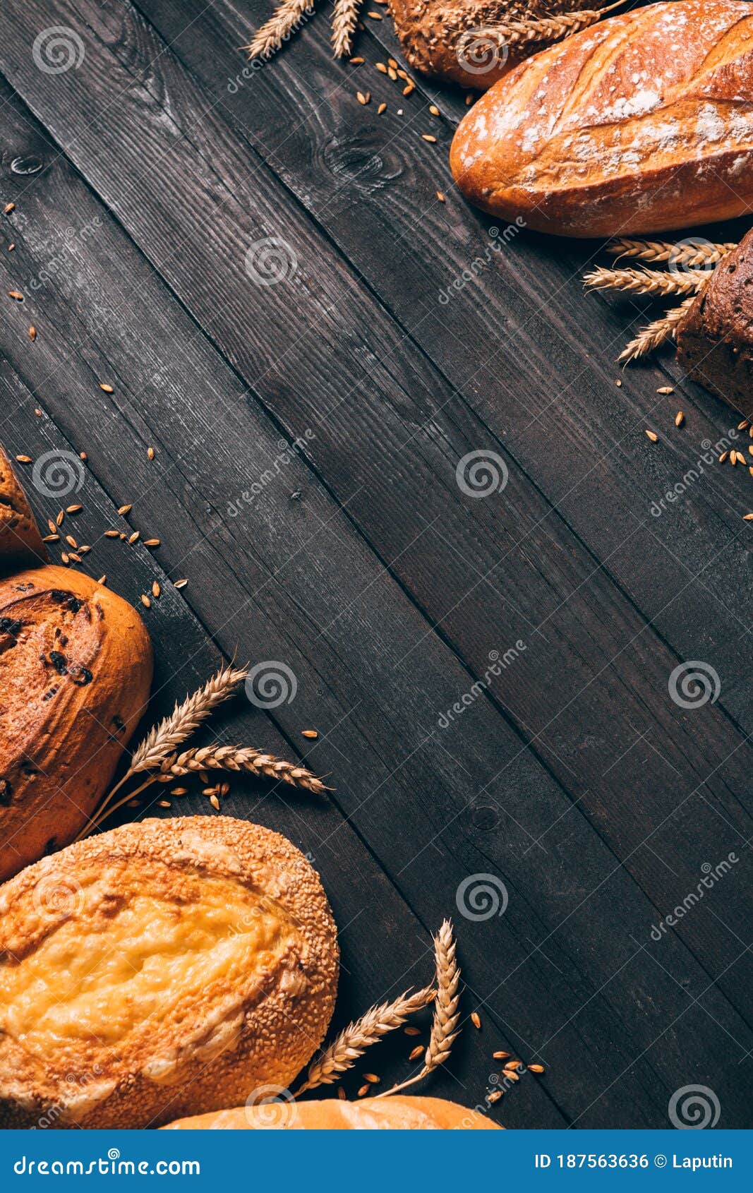 Bread Border on Wood Background with Copy Space. Vertical Composition ...