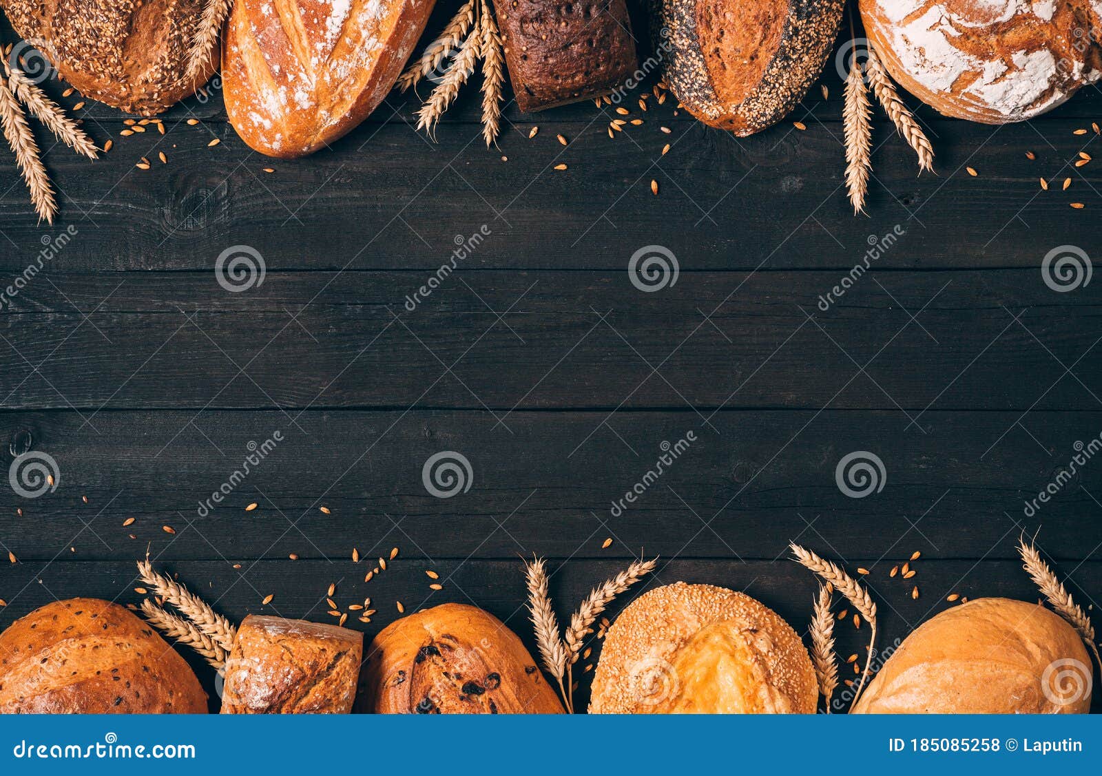 Bread Border on Wood Background with Copy Space. Vertical Composition ...