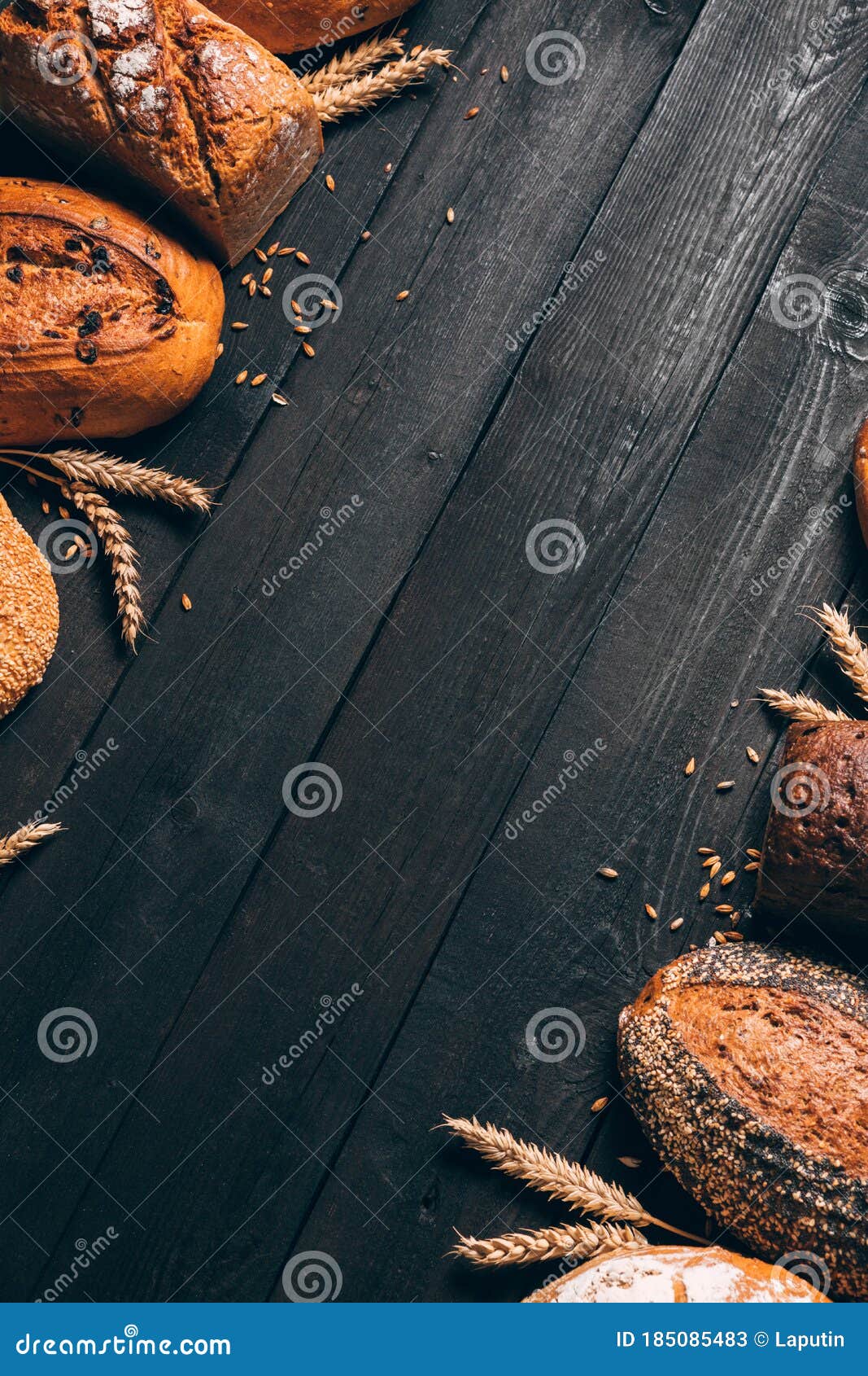 Bread Border on Wood Background with Copy Space. Vertical Composition ...