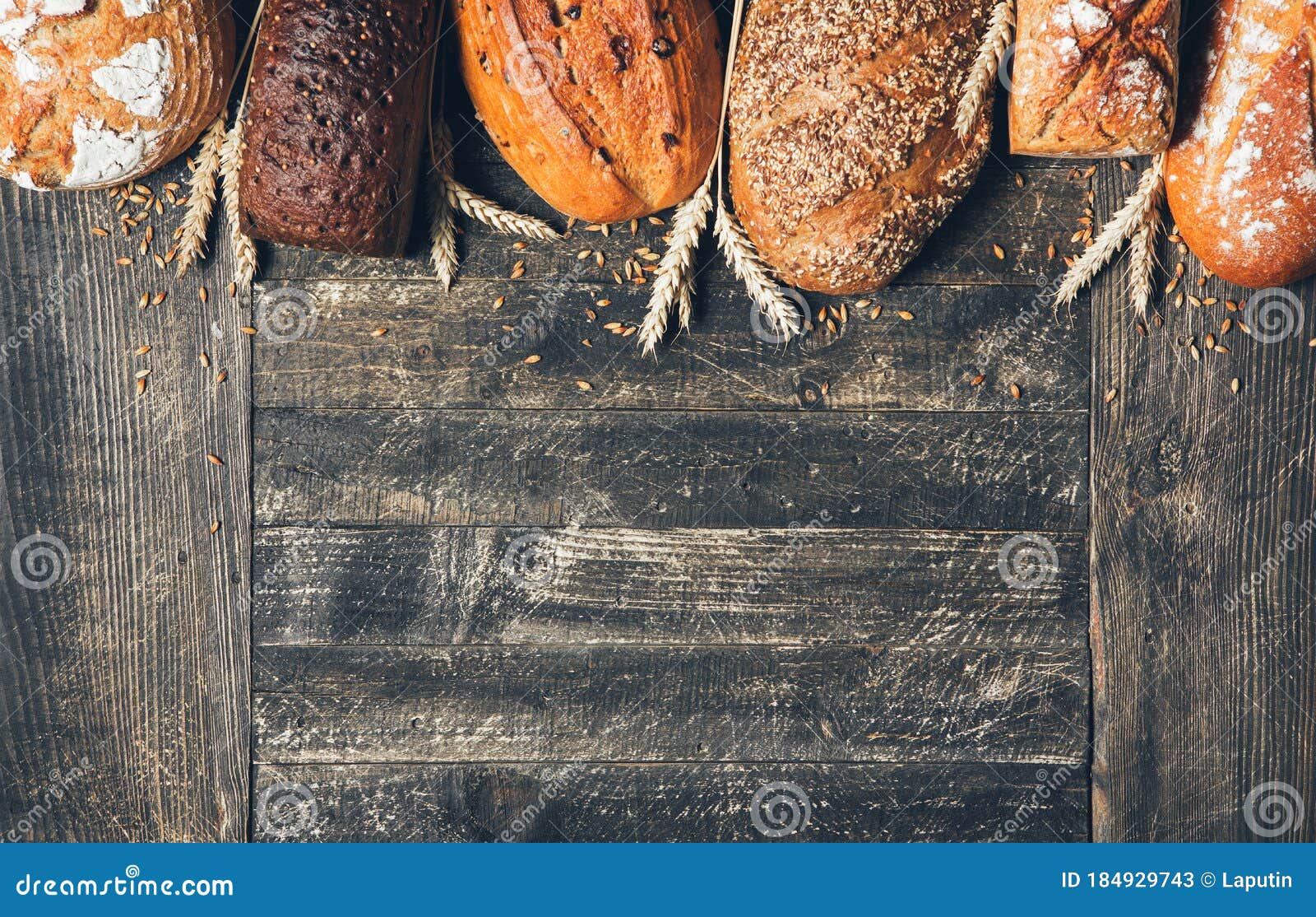 Bread Border On Wood Background With Copy Space. Whole Grain Loaves ...