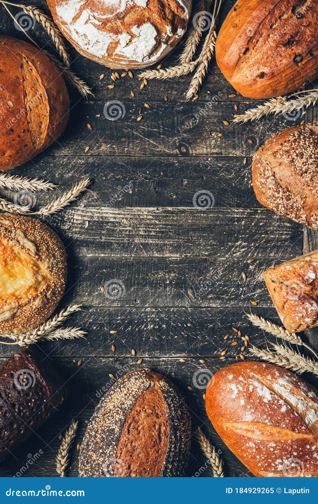 Bread Border on Wood Background with Copy Space. Whole Grain Loaves ...
