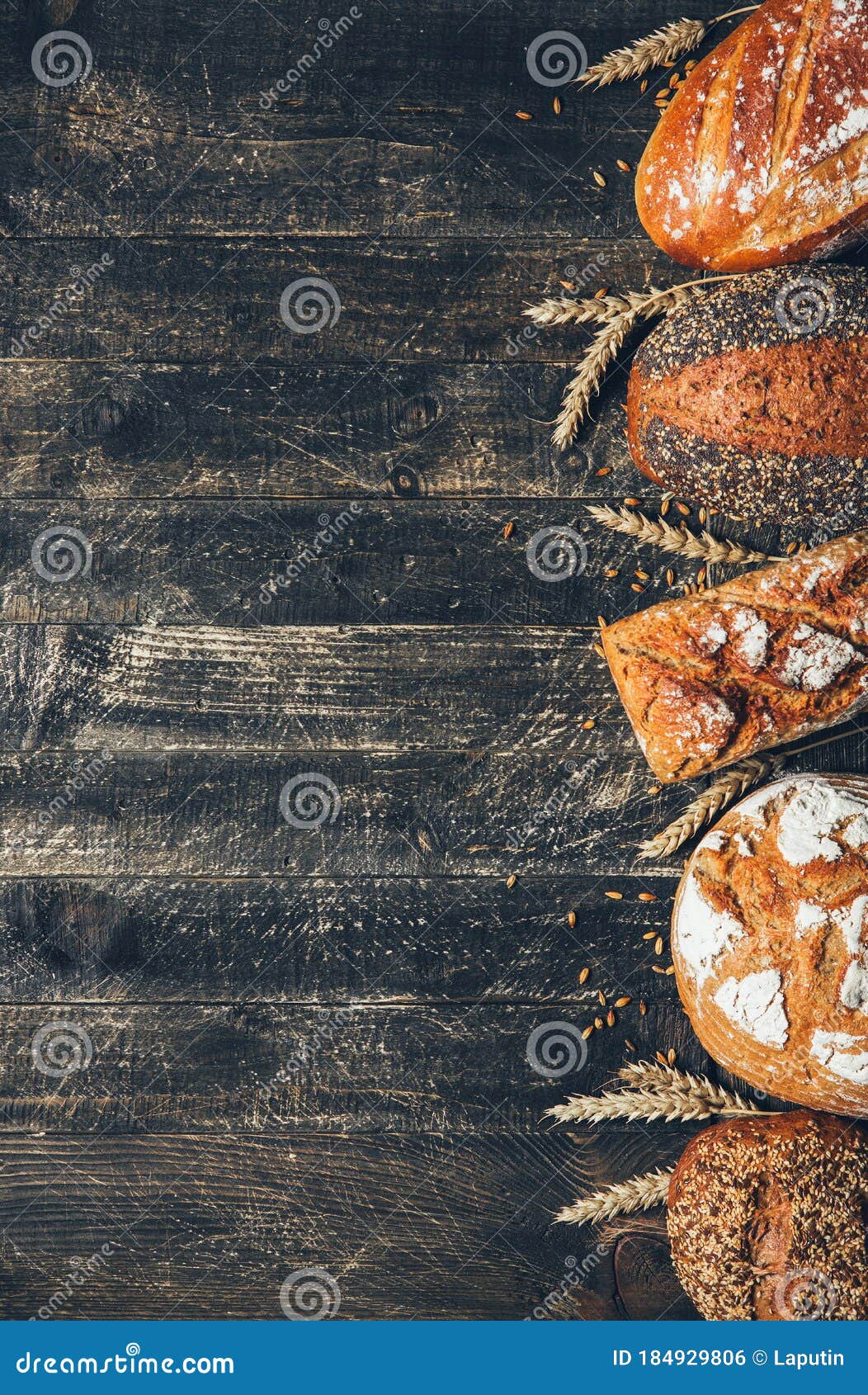 Bread Border On Wood Background With Copy Space. Whole Grain Loaves ...