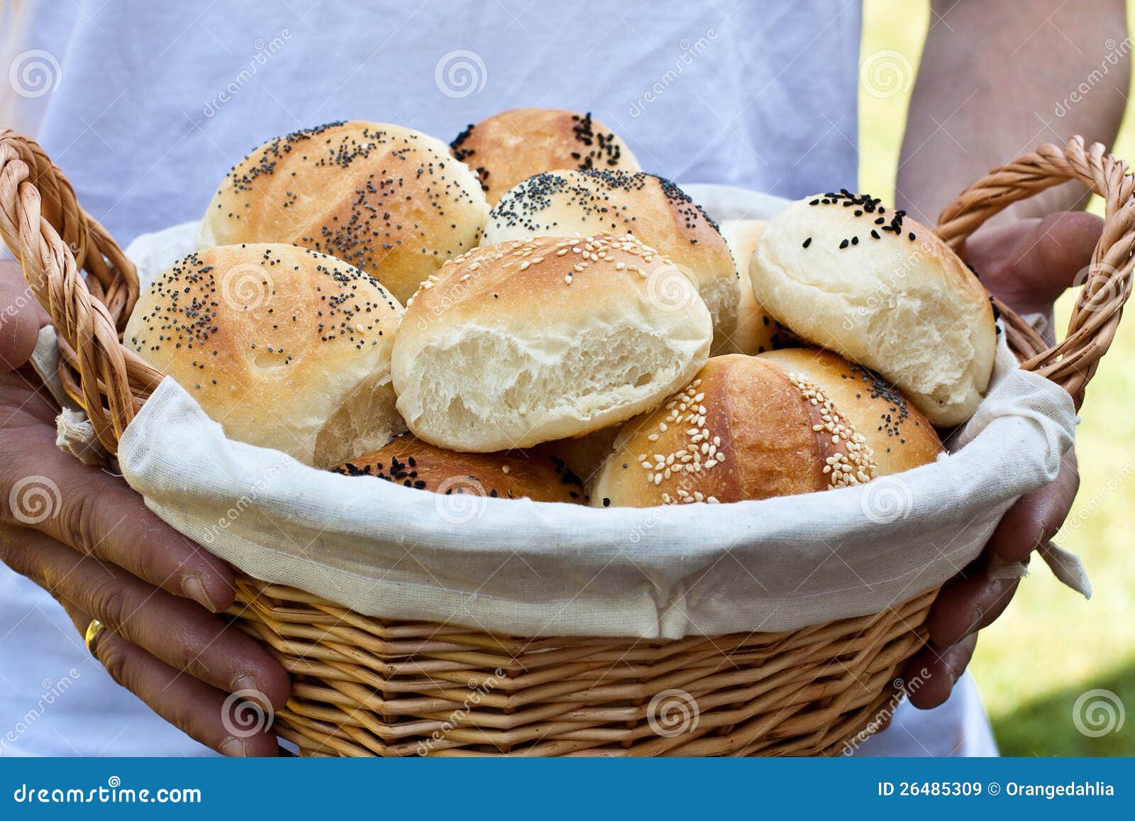 Bread buns in a basket stock image. Image of bakery, hands - 26485309