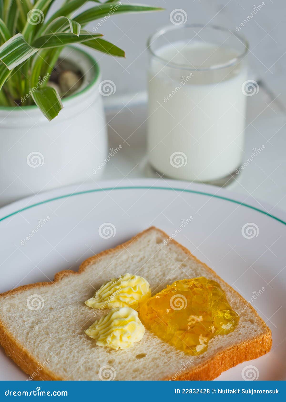 Bread Butter Jam on White Plate Stock Photo - Image of morning, plate ...