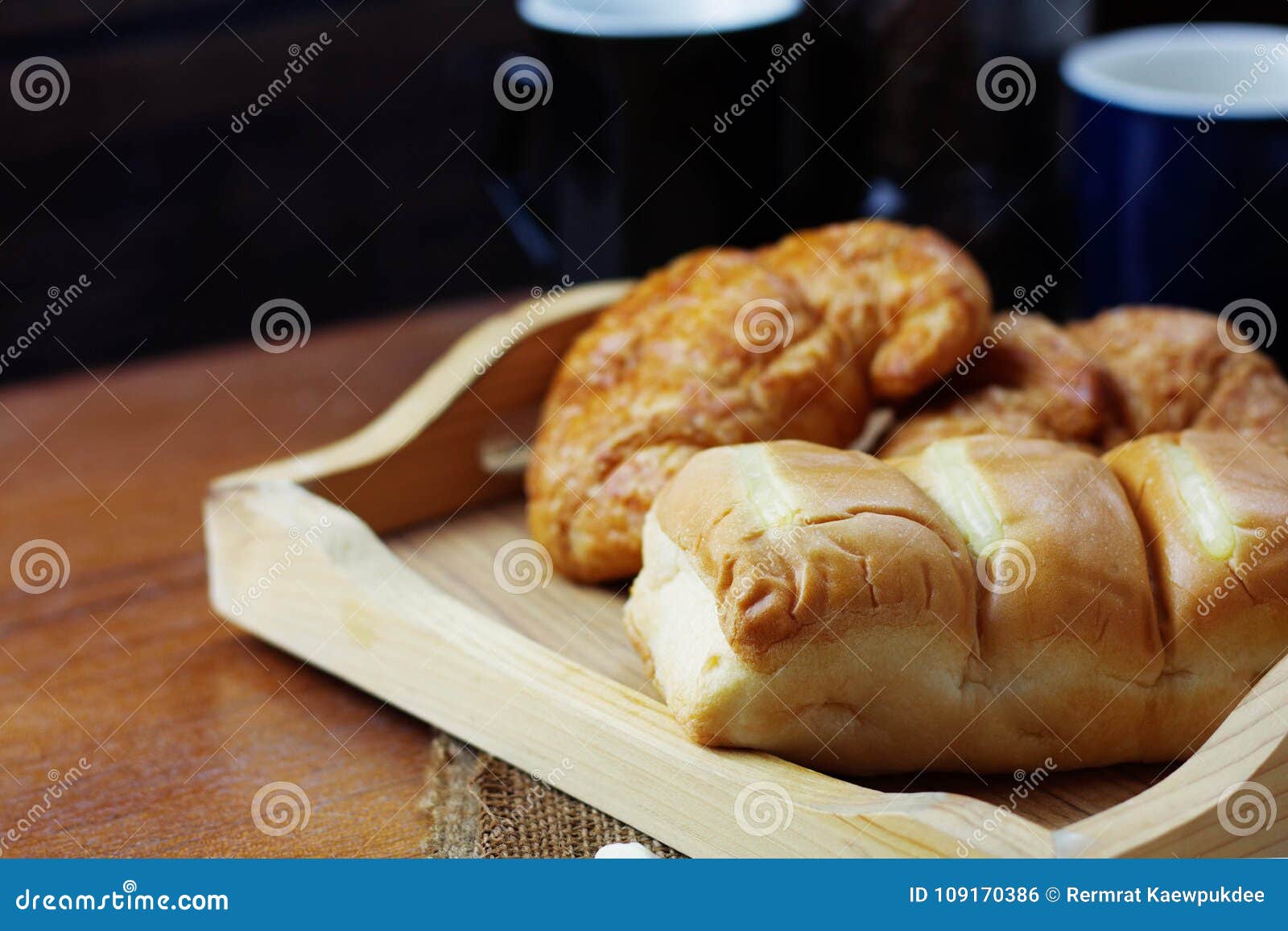 Bread and Coffee Cup on Table. Stock Photo - Image of pastry, crust ...