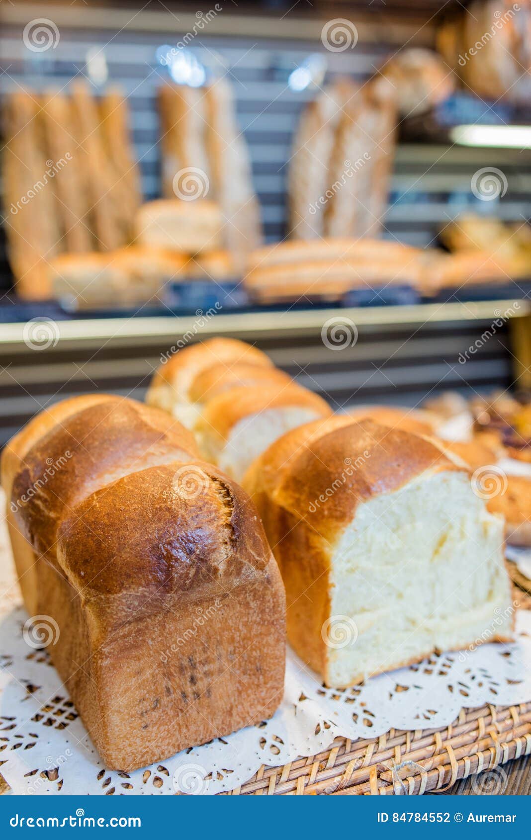 Bread display in bakery stock photo. Image of fresh, loaf - 84784552