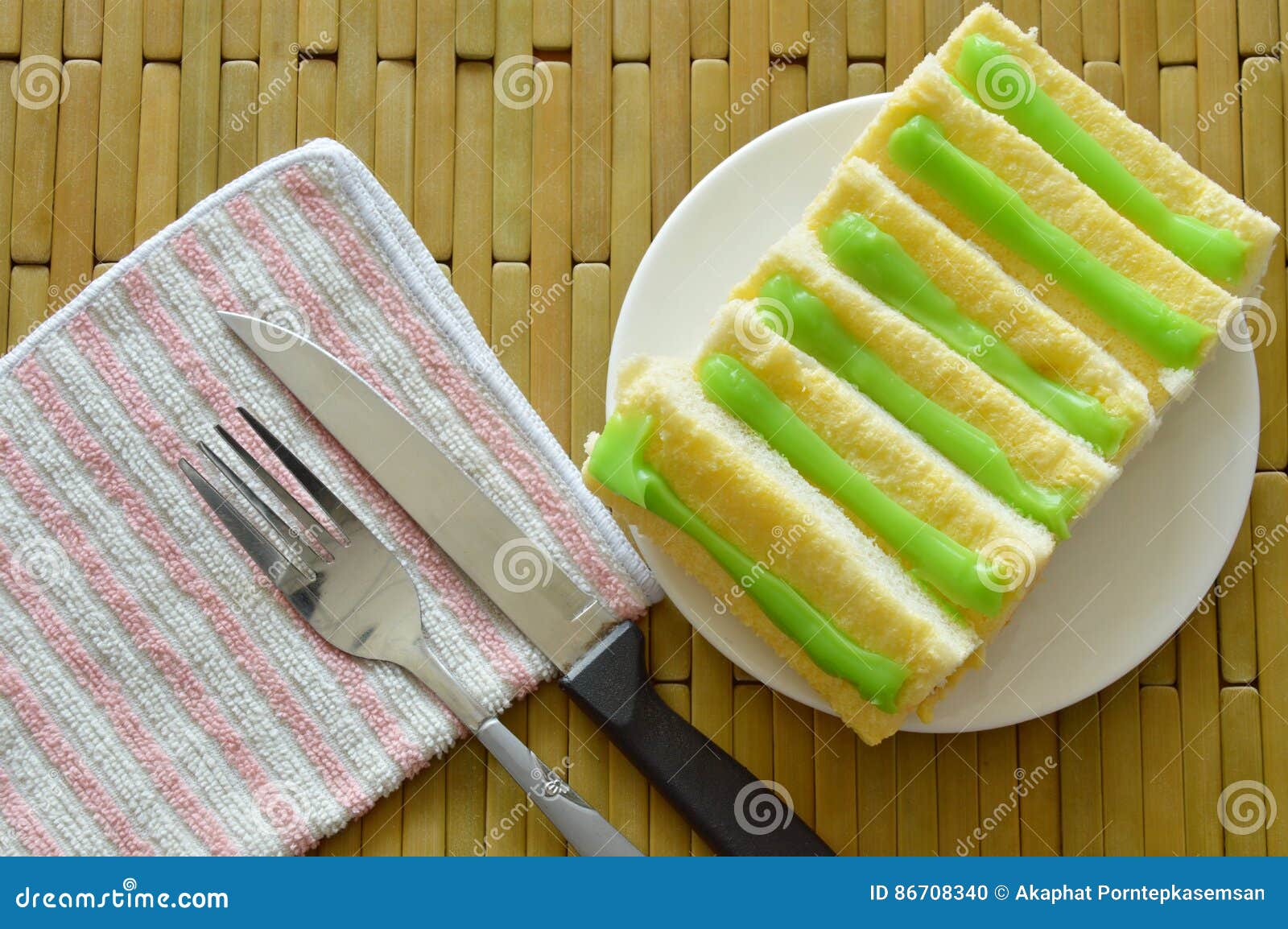Bread Dressing Butter and Pandanus Custard Sauce on Plate Stock Photo ...