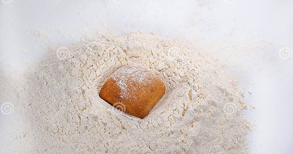 Bread Falling in Flour Against White Background Stock Photo - Image of ...