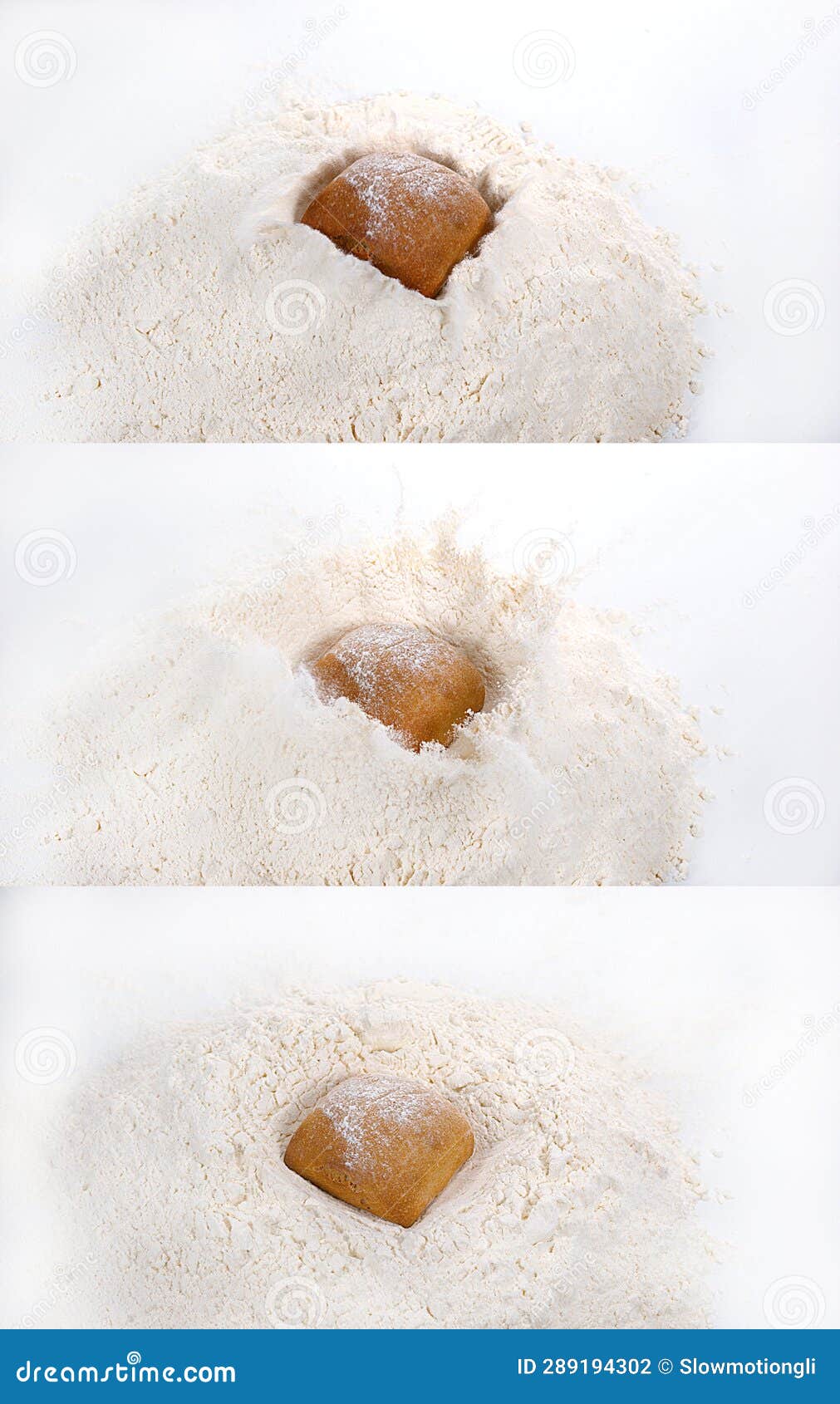 Bread Falling in Flour Against White Background Stock Photo - Image of ...