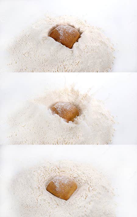 Bread Falling in Flour Against White Background Stock Photo - Image of ...