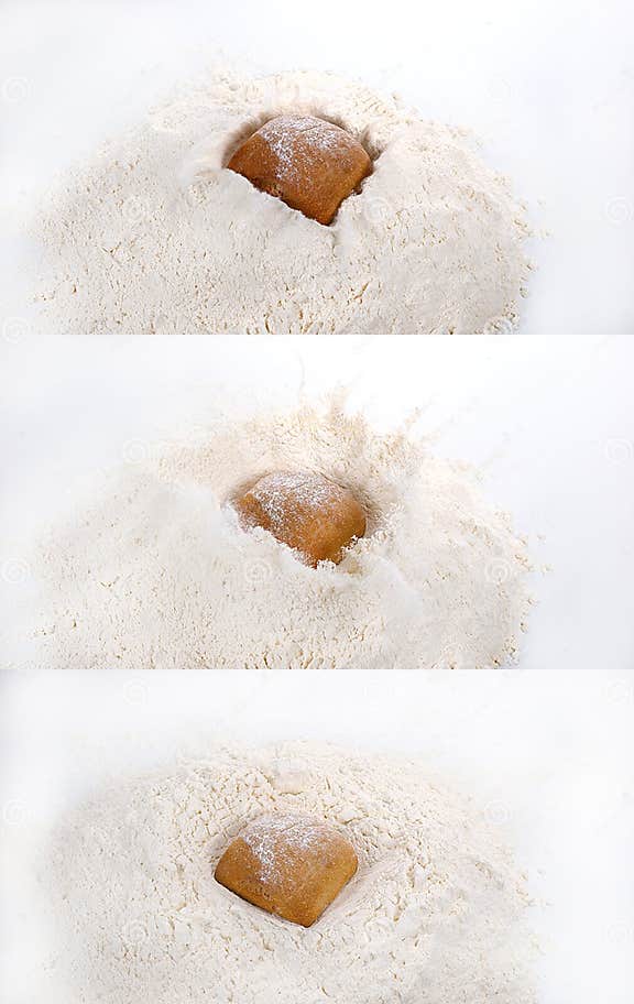 Bread Falling in Flour Against White Background Stock Photo - Image of ...