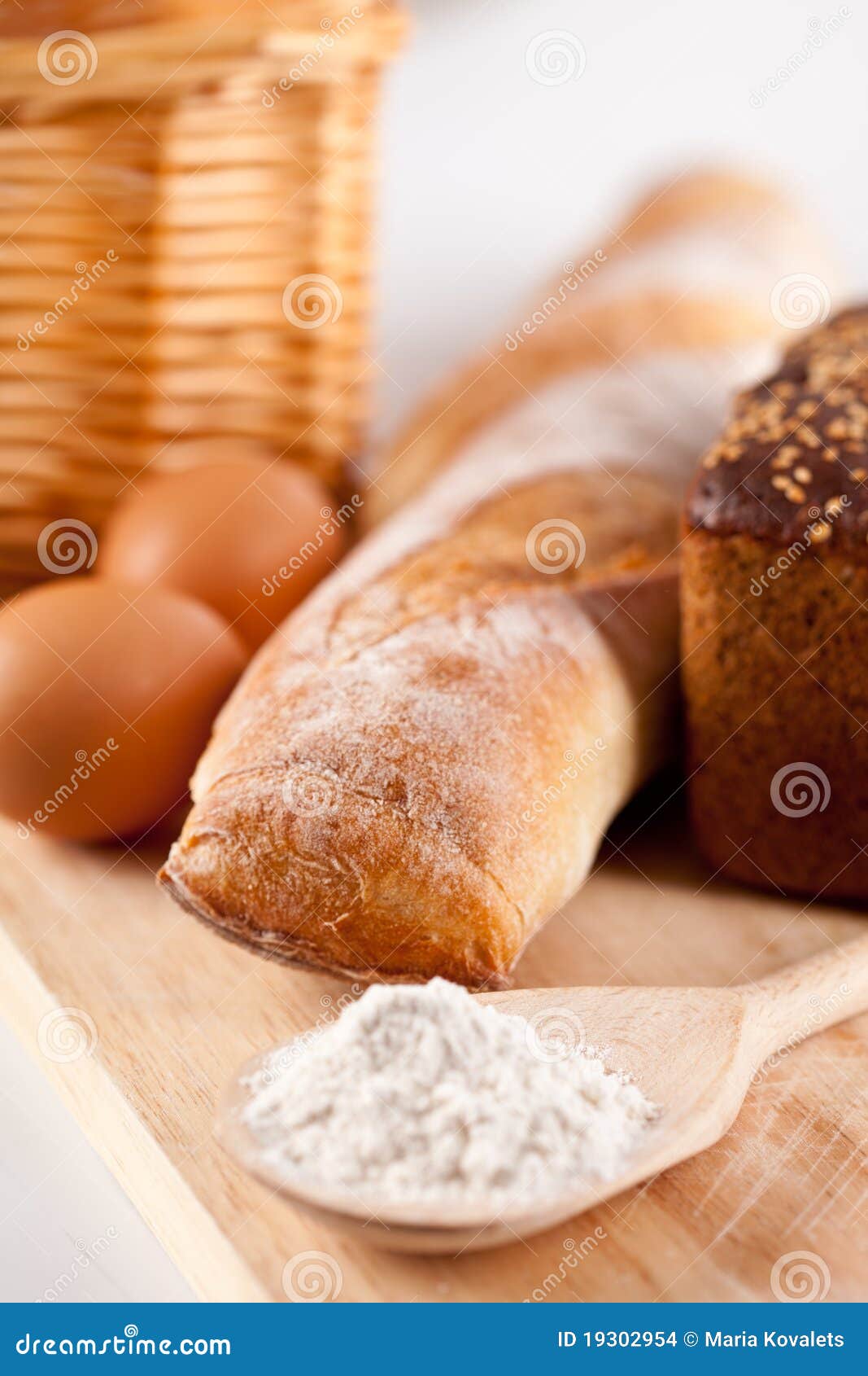 Bread, Flour, Eggs and Kitchen Utensil Stock Photo - Image of home ...