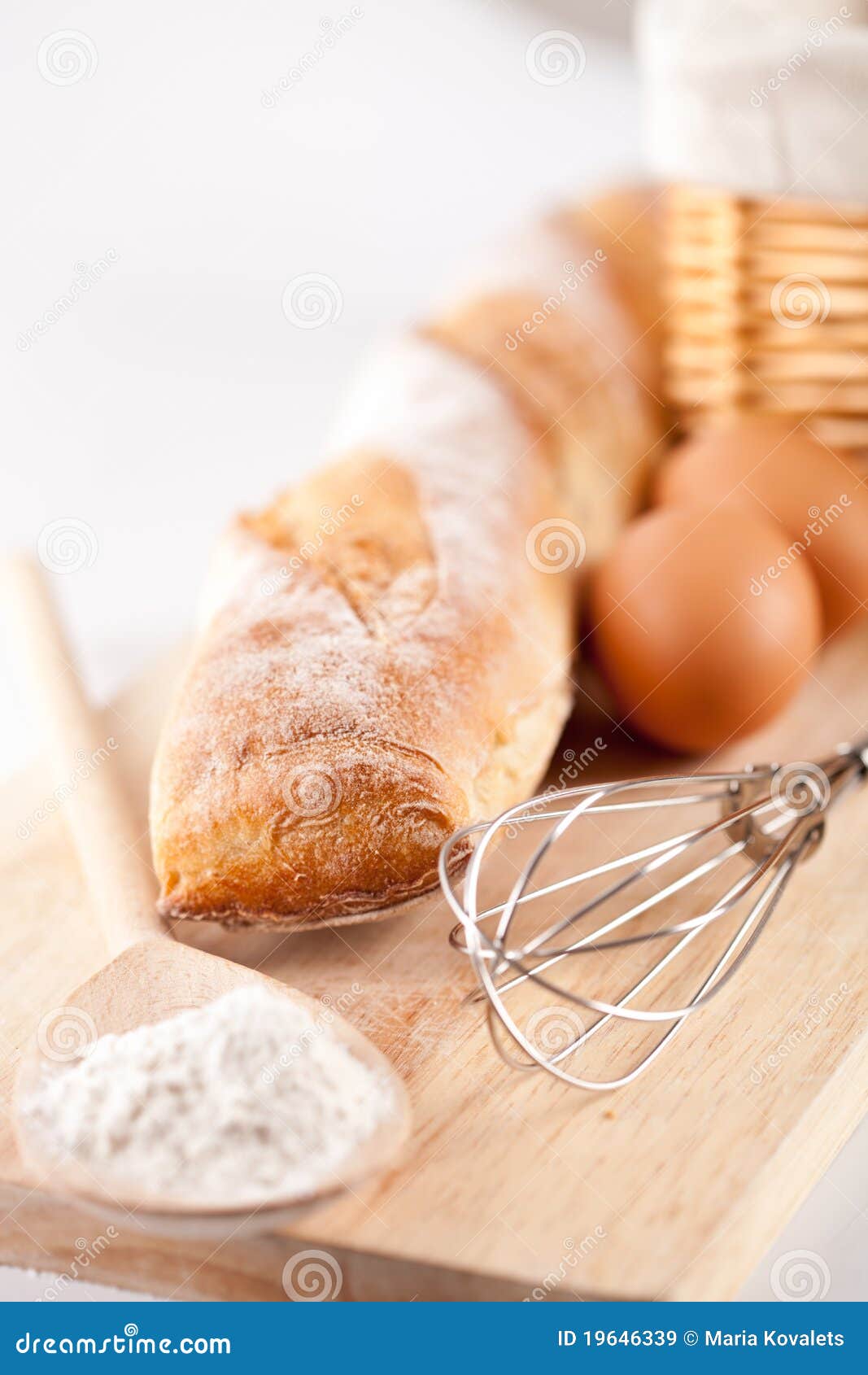 Bread, Flour, Eggs and Kitchen Utensil Stock Image - Image of bunch ...