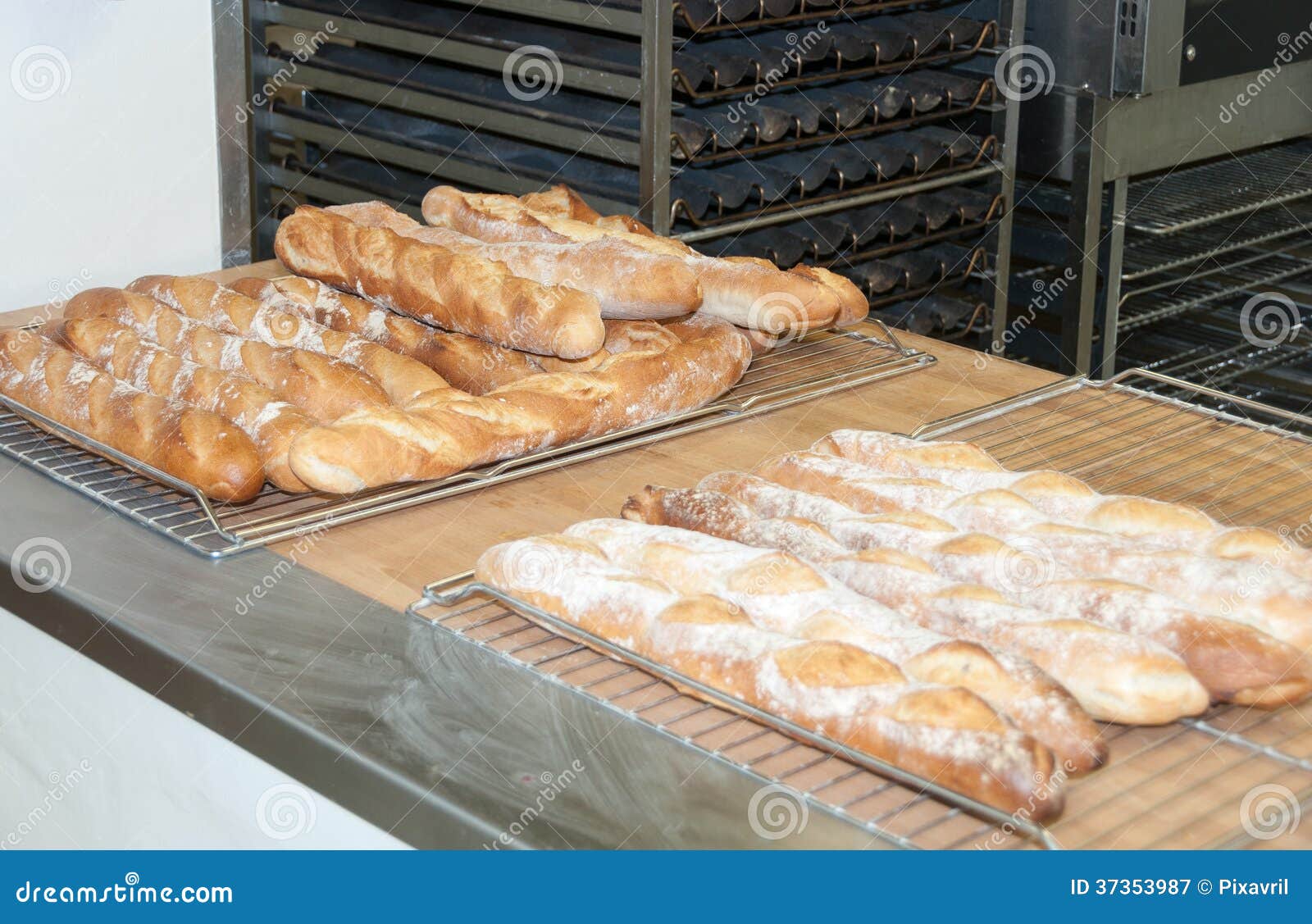 Bread-French Baguettes in a Bakery Stock Image - Image of flour ...