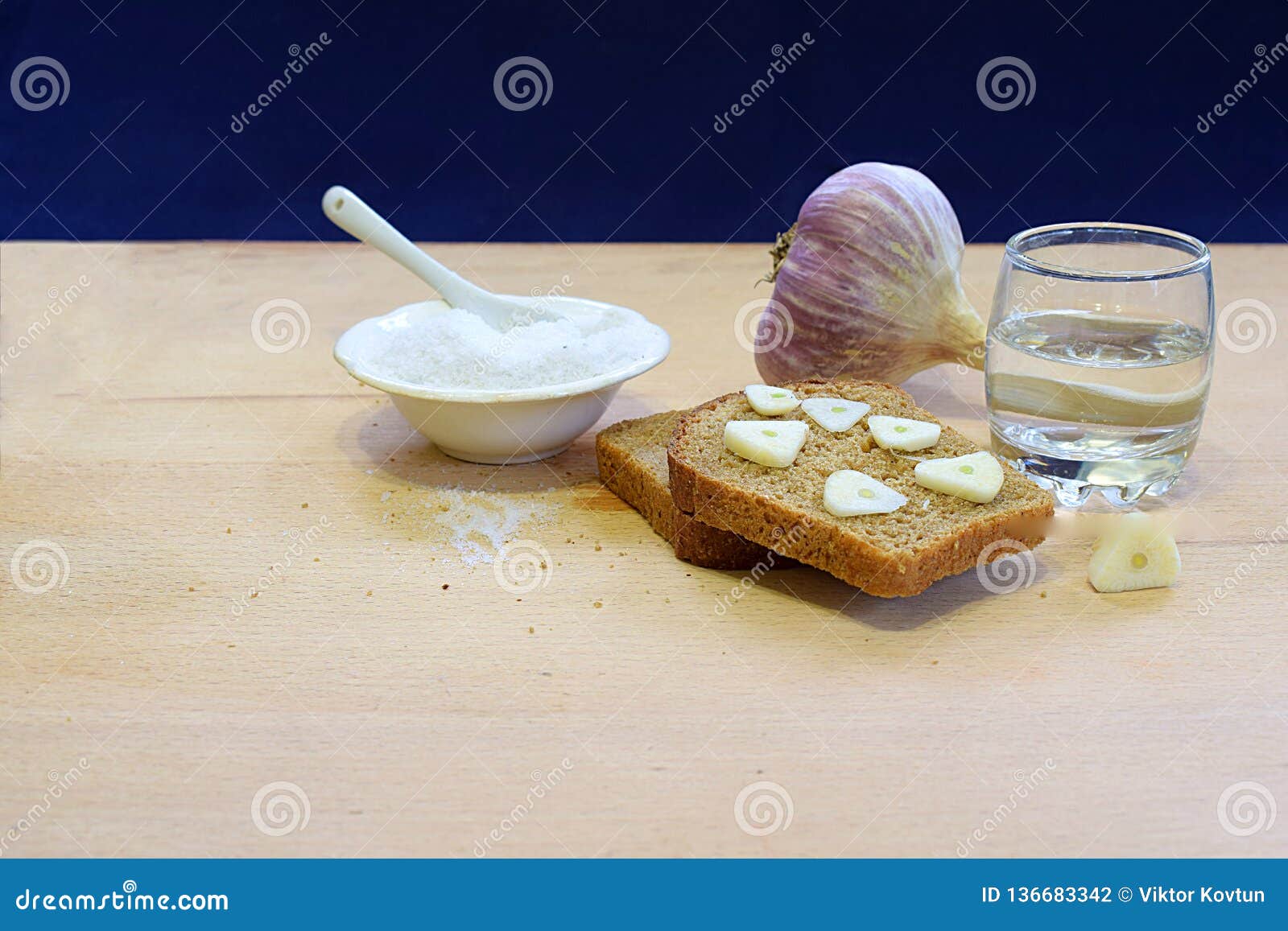 Bread, Garlic, Salt, Vodka on the Table Stock Photo - Image of simple ...
