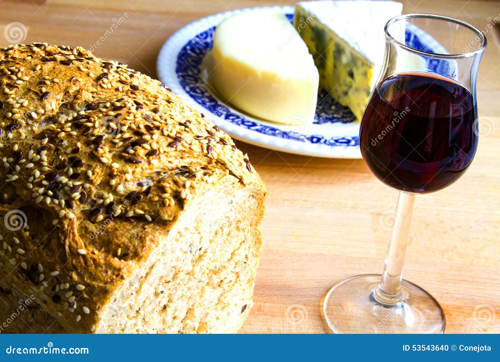 Bread, Glass of Wine and Cheese Stock Photo - Image of food, loaf: 53543640