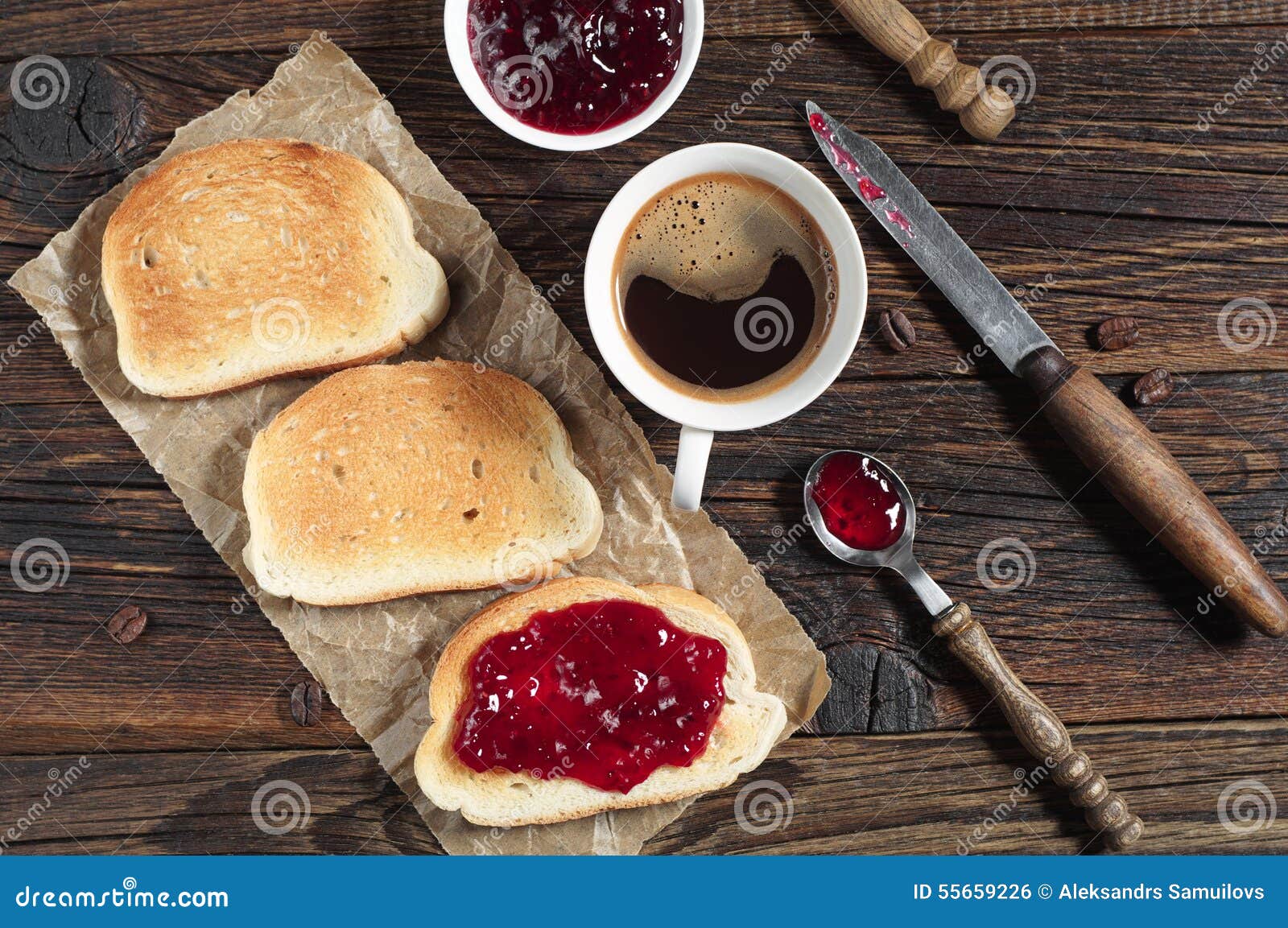 Bread with Jam and Coffee Cup for Breakfast Stock Photo - Image of ...