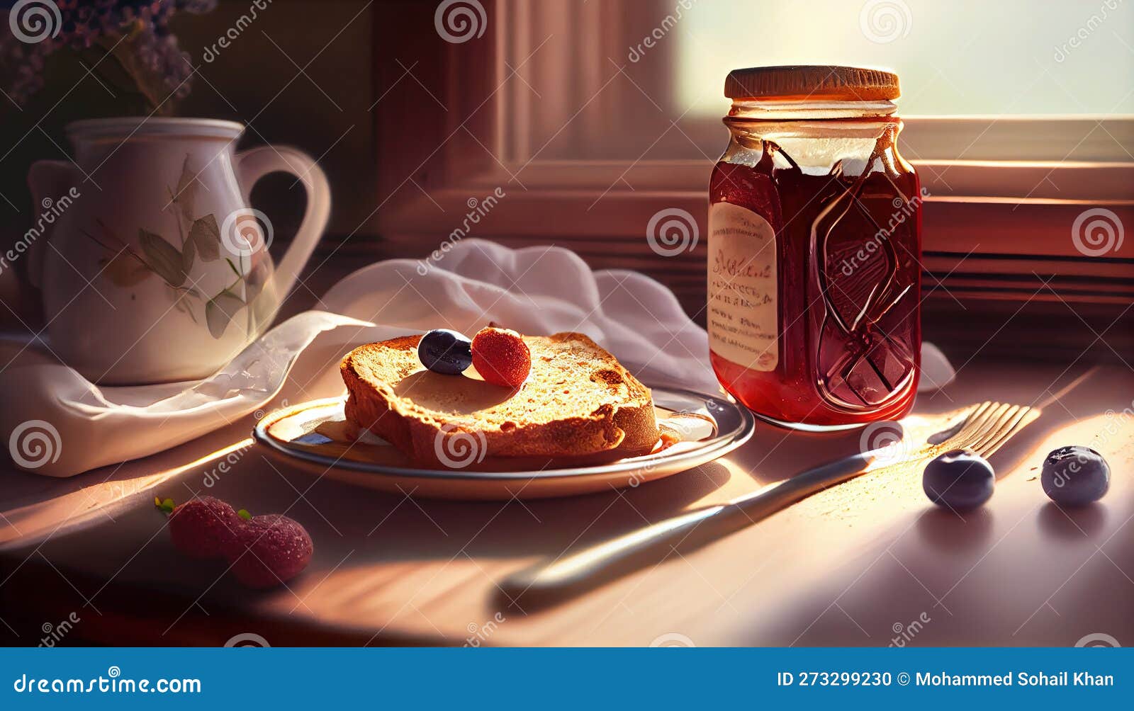 Bread and Jam on White Plate with Spoon at Window Table AI Generative ...