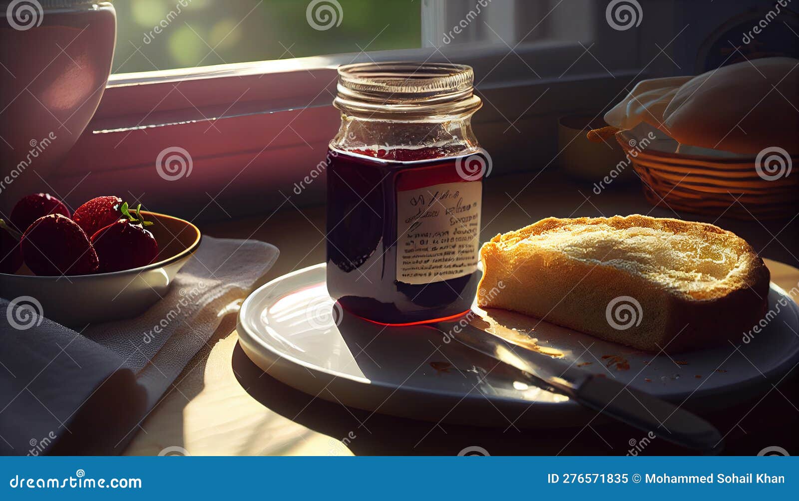 Bread and Jam on White Plate with Spoon at Window Table on Foody Theme ...