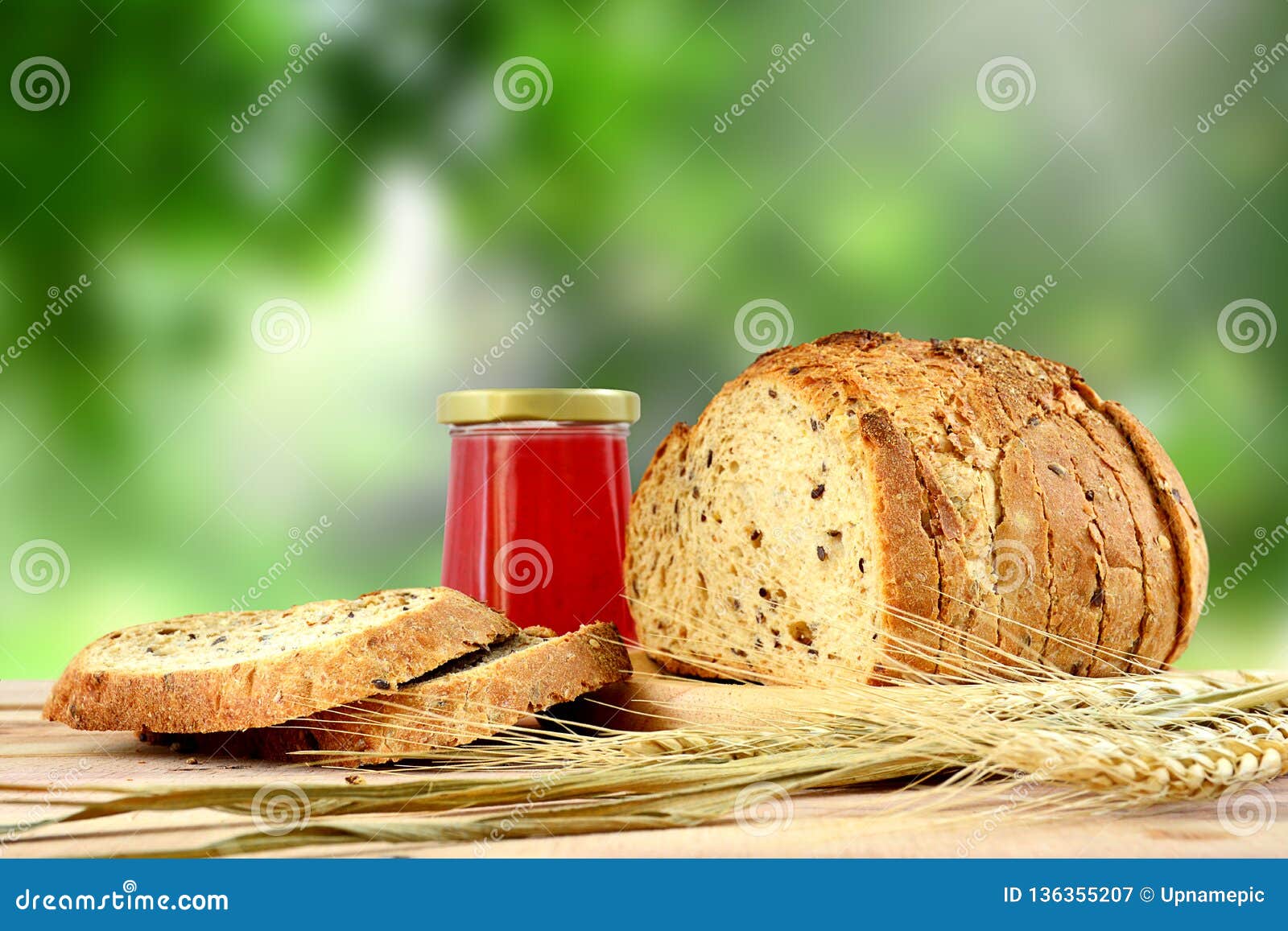 Bread and Jam on Wooden Table. Stock Image - Image of wood, grains ...