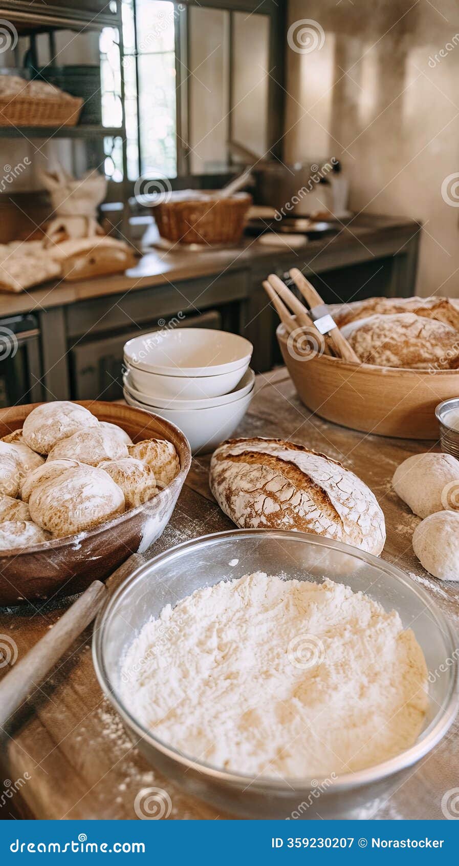A Bread-making Station with Sourdough Starters and Kneading Tools. Pic ...