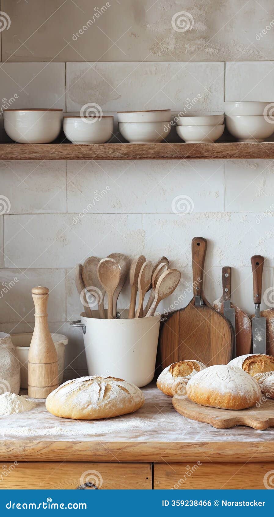 A Bread-making Station with Sourdough Starters and Kneading Tools. Pic ...