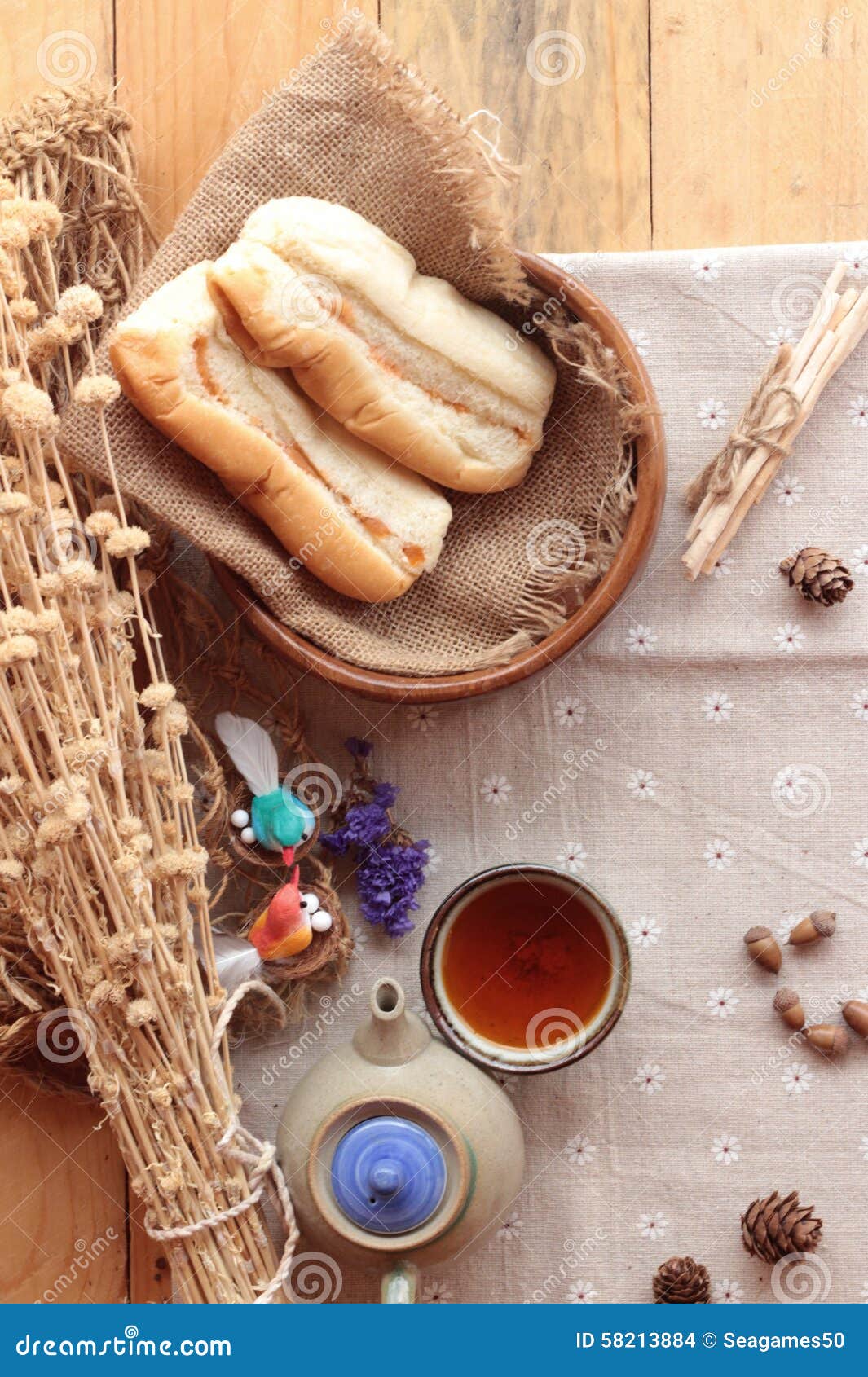 Bread with Milk Tea Custard and Hot Tea. Stock Photo - Image of thai ...