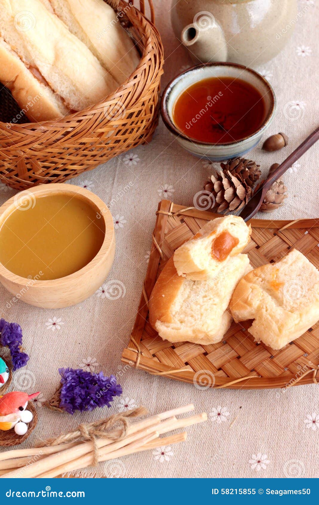 Bread with Milk Tea Custard and Hot Tea. Stock Image - Image of milk ...