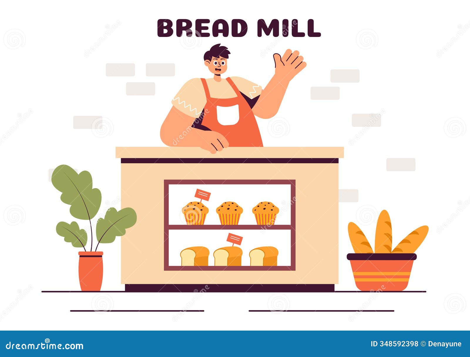 Bread Mill Vector Illustration Featuring Wheat Sacks, Assorted Breads, and a Windmill for Bakery ...