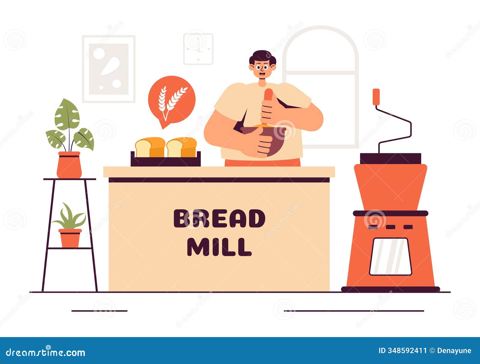Bread Mill Vector Illustration Featuring Wheat Sacks, Assorted Breads, and a Windmill for Bakery ...